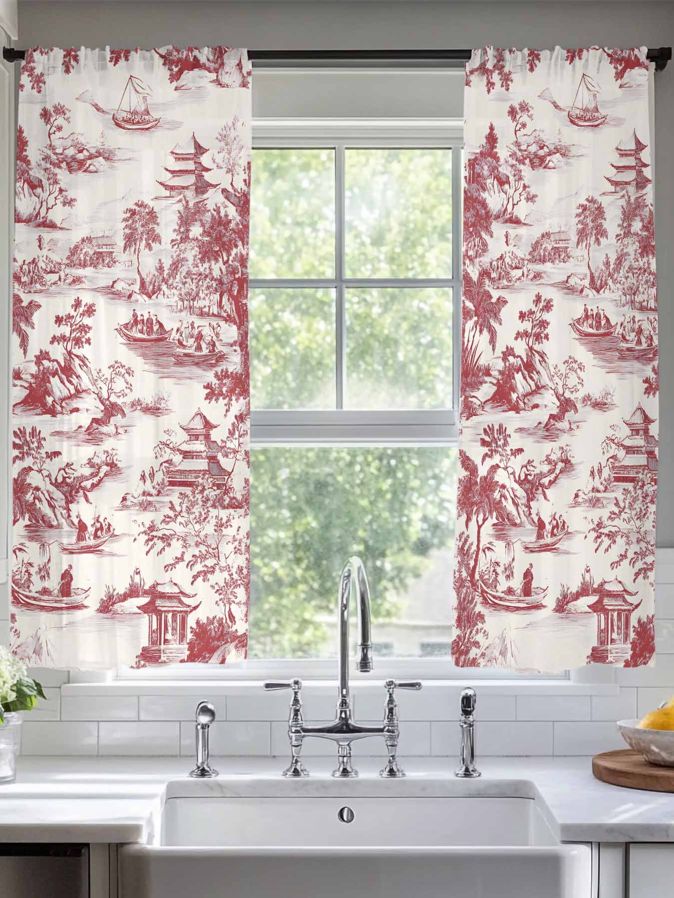 Red Garden Retro Sheer Curtains for Living Room Bedroom Modern Art ...