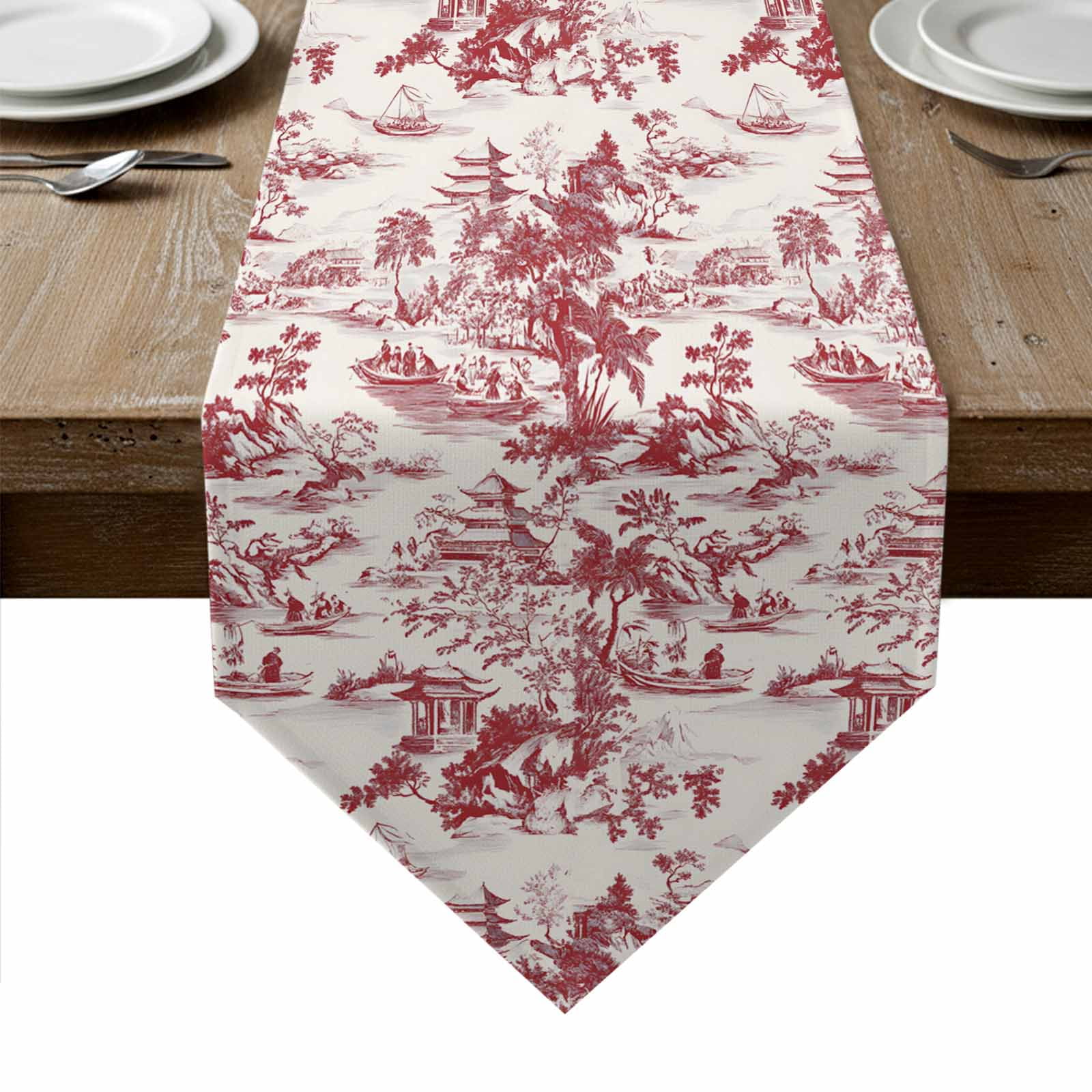 Red Garden Retro Table Runner Linen Burlap Table Runner 90 Inches Long ...