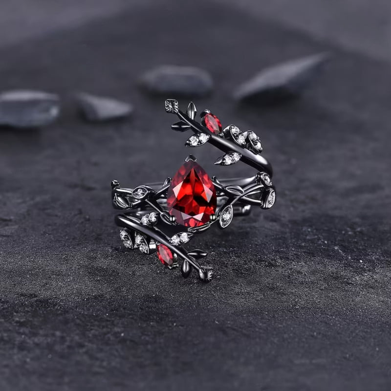 Red Garnet Engagement Ring Set in 14K Black Gold Vermeil - Art Deco ...