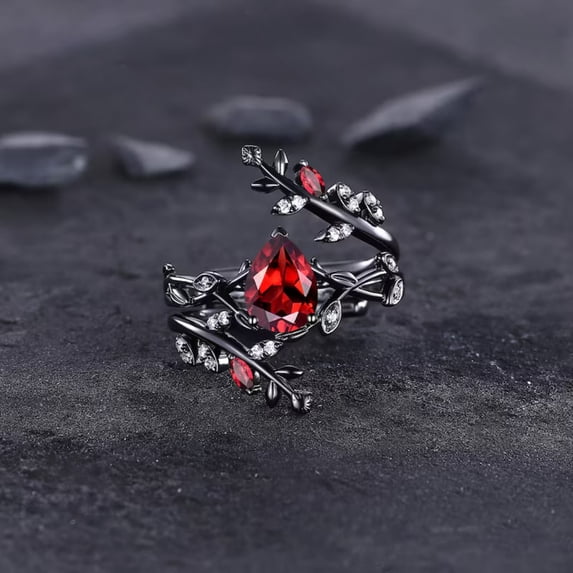 Red Garnet Engagement Ring Set in 14K Black Gold Vermeil - Art Deco ...