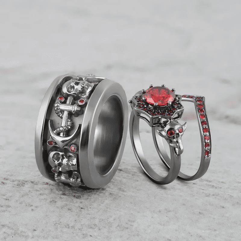 Red Garnet Vampire Skull Wedding Ring Set - His and Hers Till Death ...