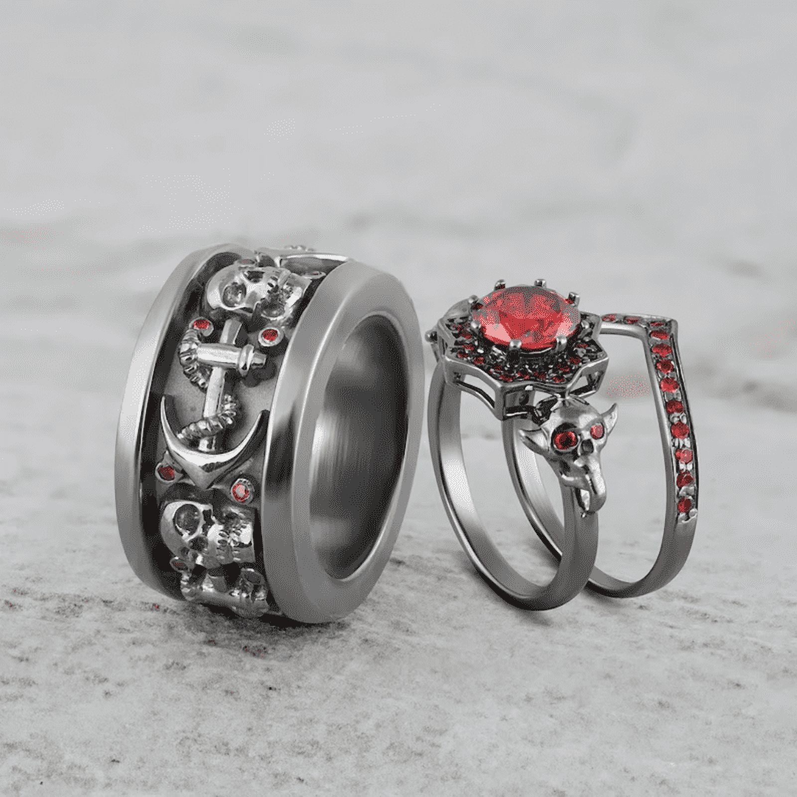 Red Garnet Vampire Skull Wedding Ring Set - His and Hers Till Death ...