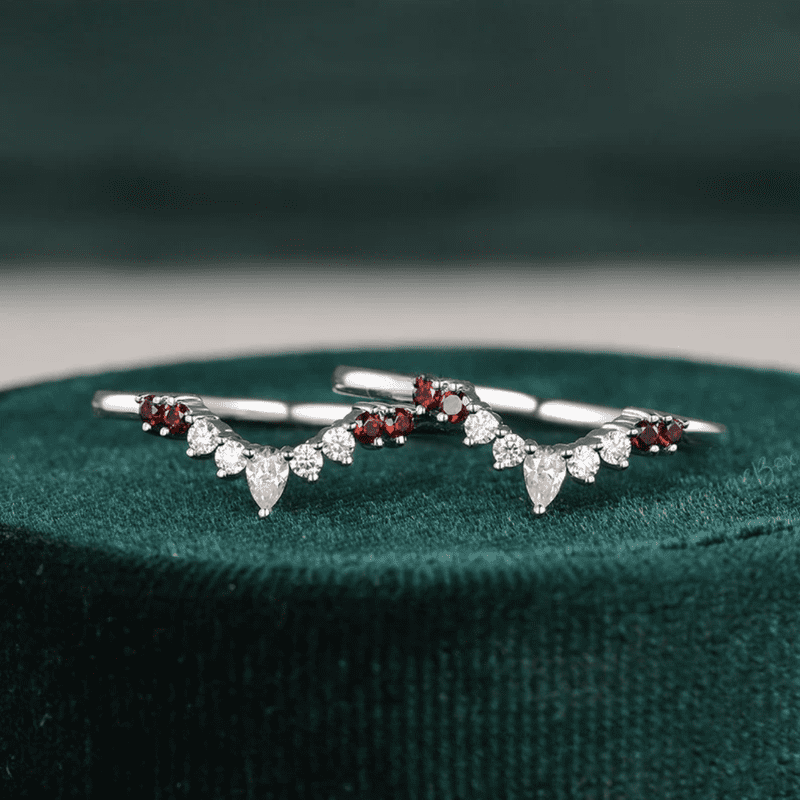 Red Garnet Wedding Band For Women - Garnet and Diamond Curved Wedding ...