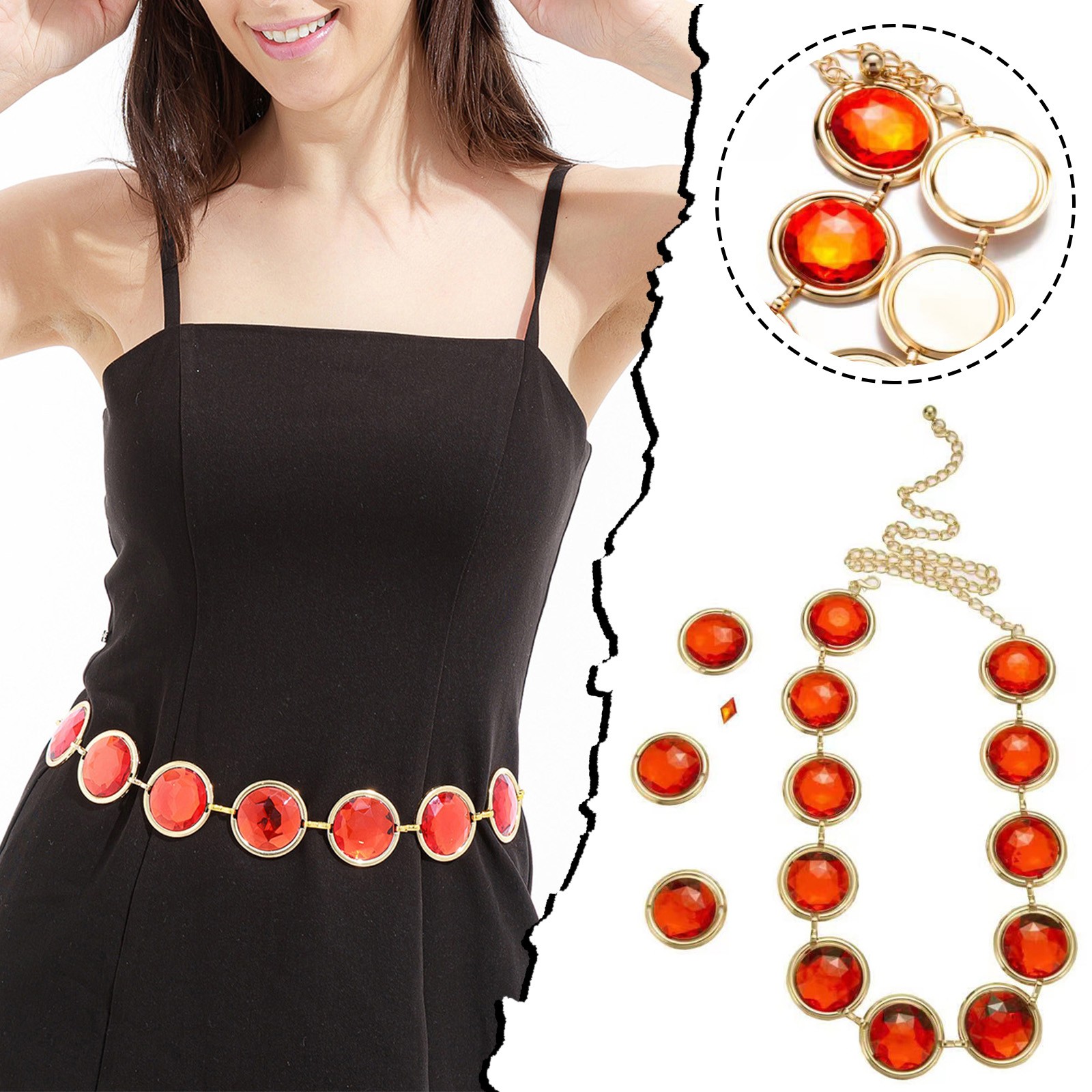 Red Gem Waist Belt Anime Stone Chain Western Belt Adjustable Rhinestone ...