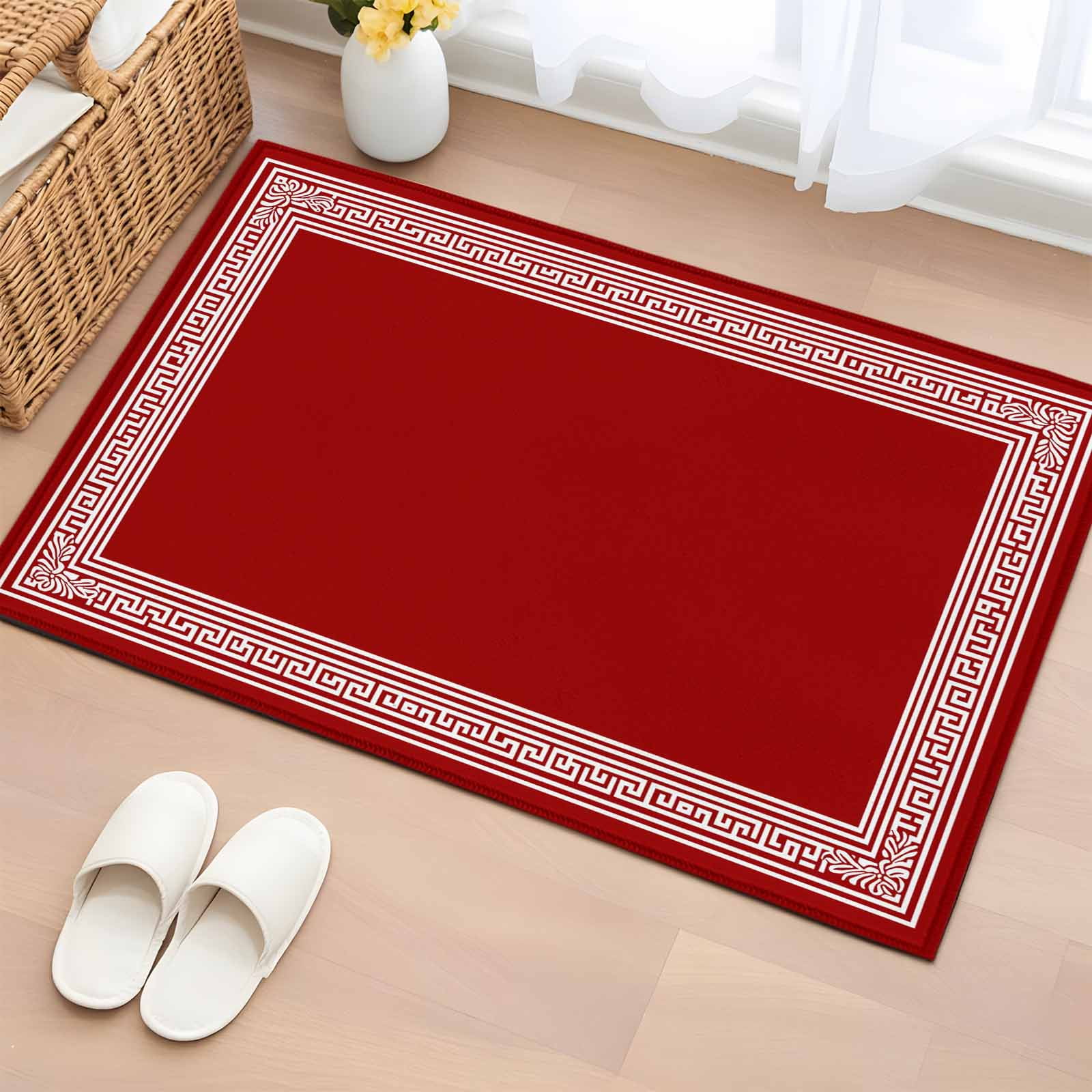 Red Geometric 2x3 Door Mat Rug, White Greek Key Design Abstract Modern ...