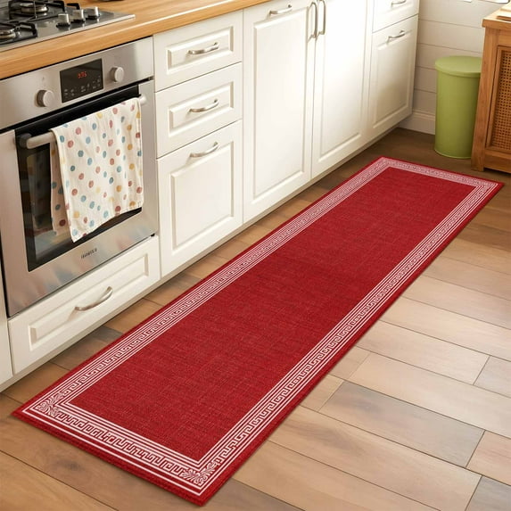 Red Geometric 2x6 Kitchen Runner Rug, White Greek Key Design Burlap ...