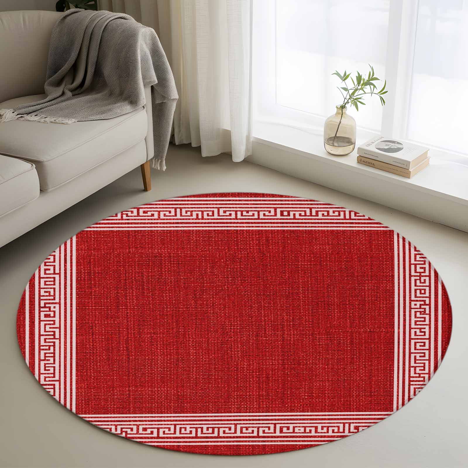 Red Geometric 3.3ft Round Rug, White Greek Key Design Burlap Modern Art ...