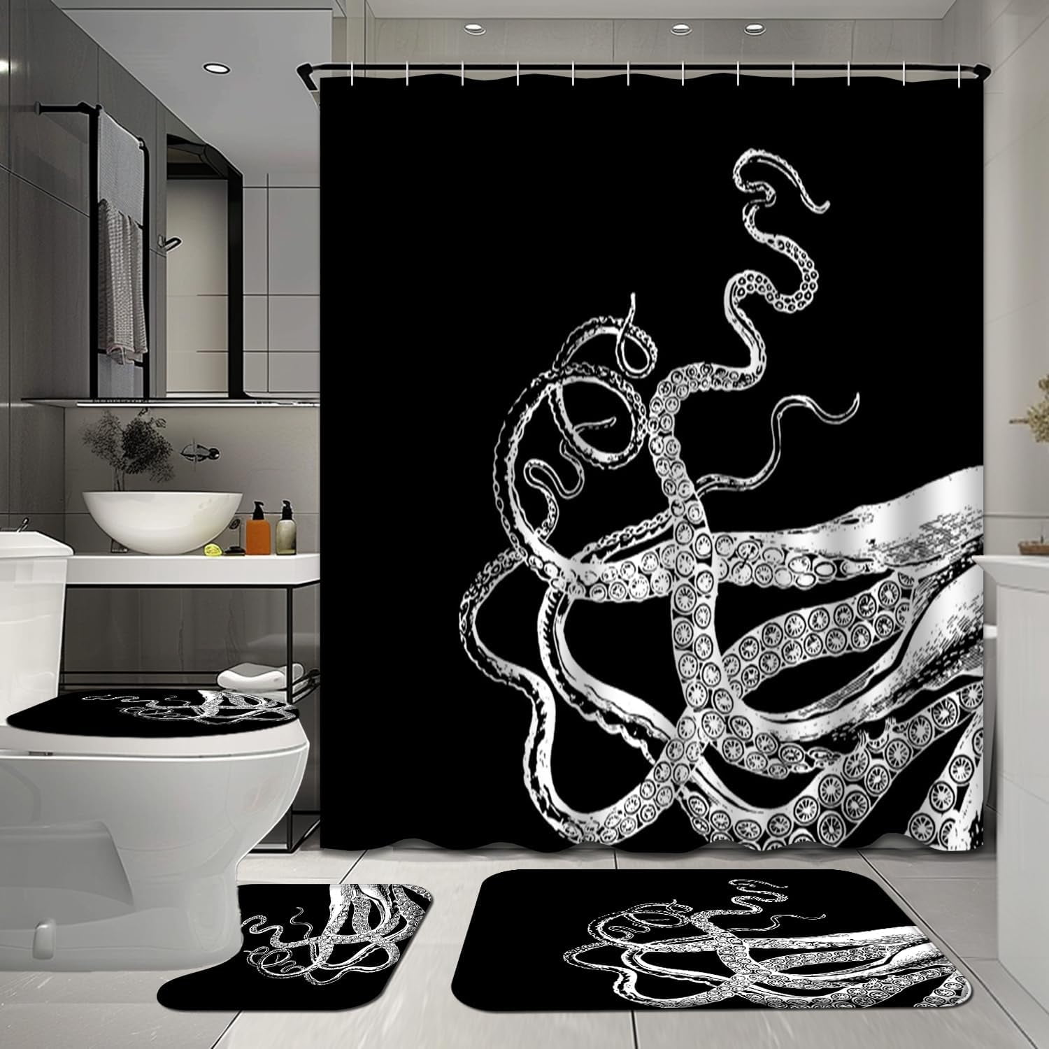 Red Geometric 4 Pcs Shower Curtain Sets with Rugs, Abstract Bathroom ...