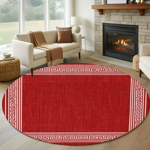 Red Geometric 6ft Round Rug, White Greek Key Design Burlap Modern Art ...