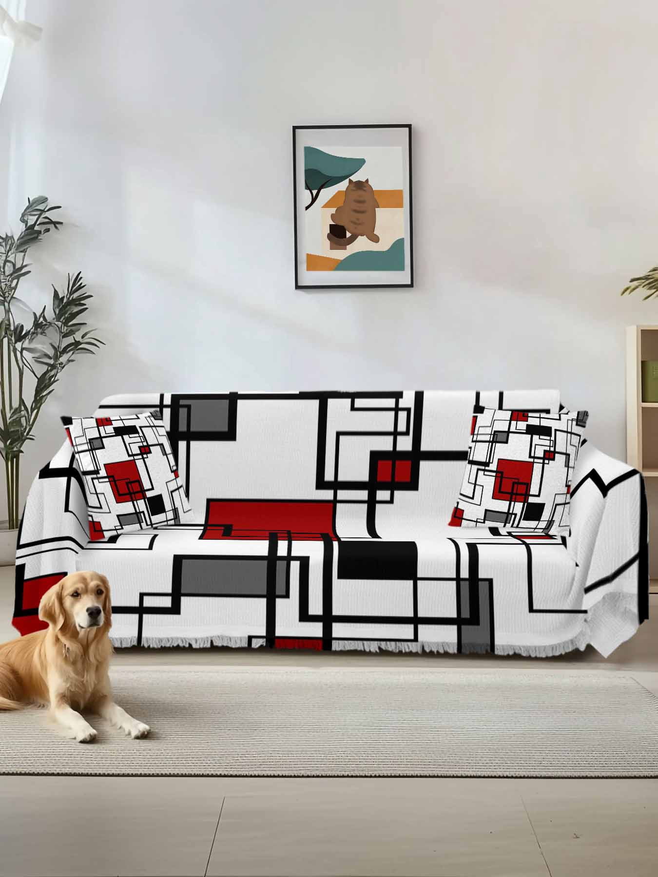 Red Geometric Couch Cover Sofa Covers 3 Cushion Sectional Couch, Modern ...