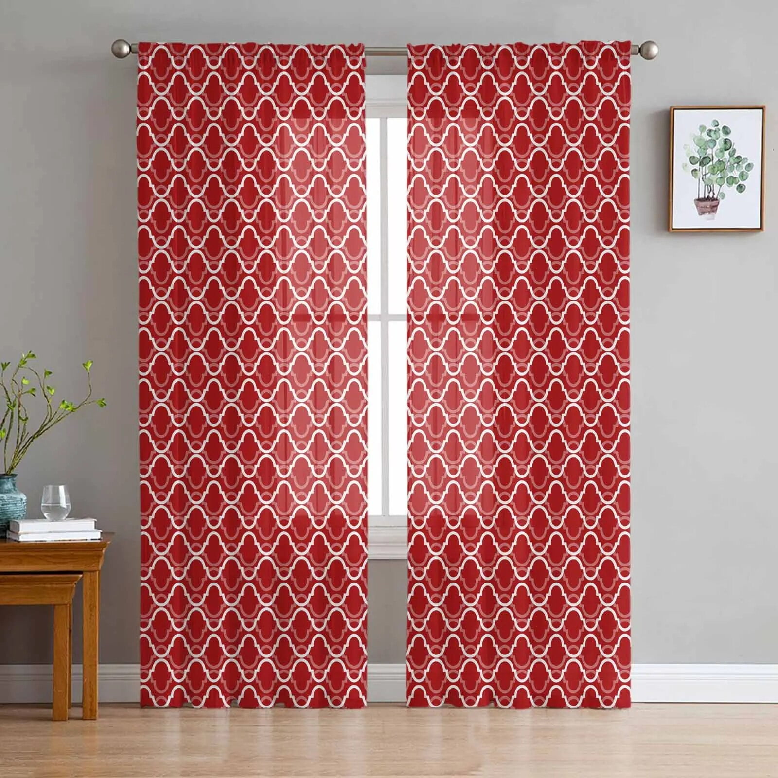 Red Geometric Figures Moroccan Pattern Voile Curtains for Bedroom Window Tulle Curtain for ...