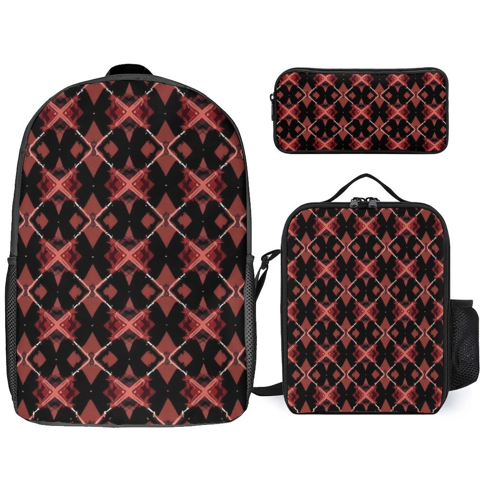 Red Geometric Floral Pattern-2 3D Printed 3pcs/Set Bags Laptop Daypack Backpack Lunch bag Pencil ...