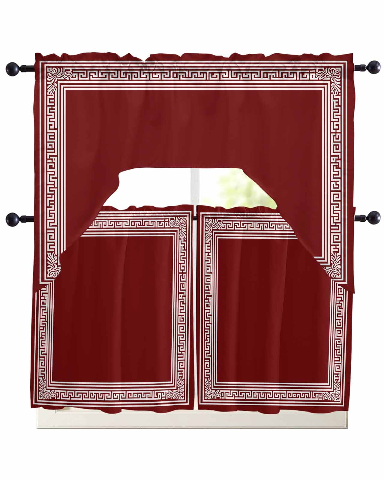 Red Geometric Kitchen Curtains Sets 24 Inch Length with Valance ...