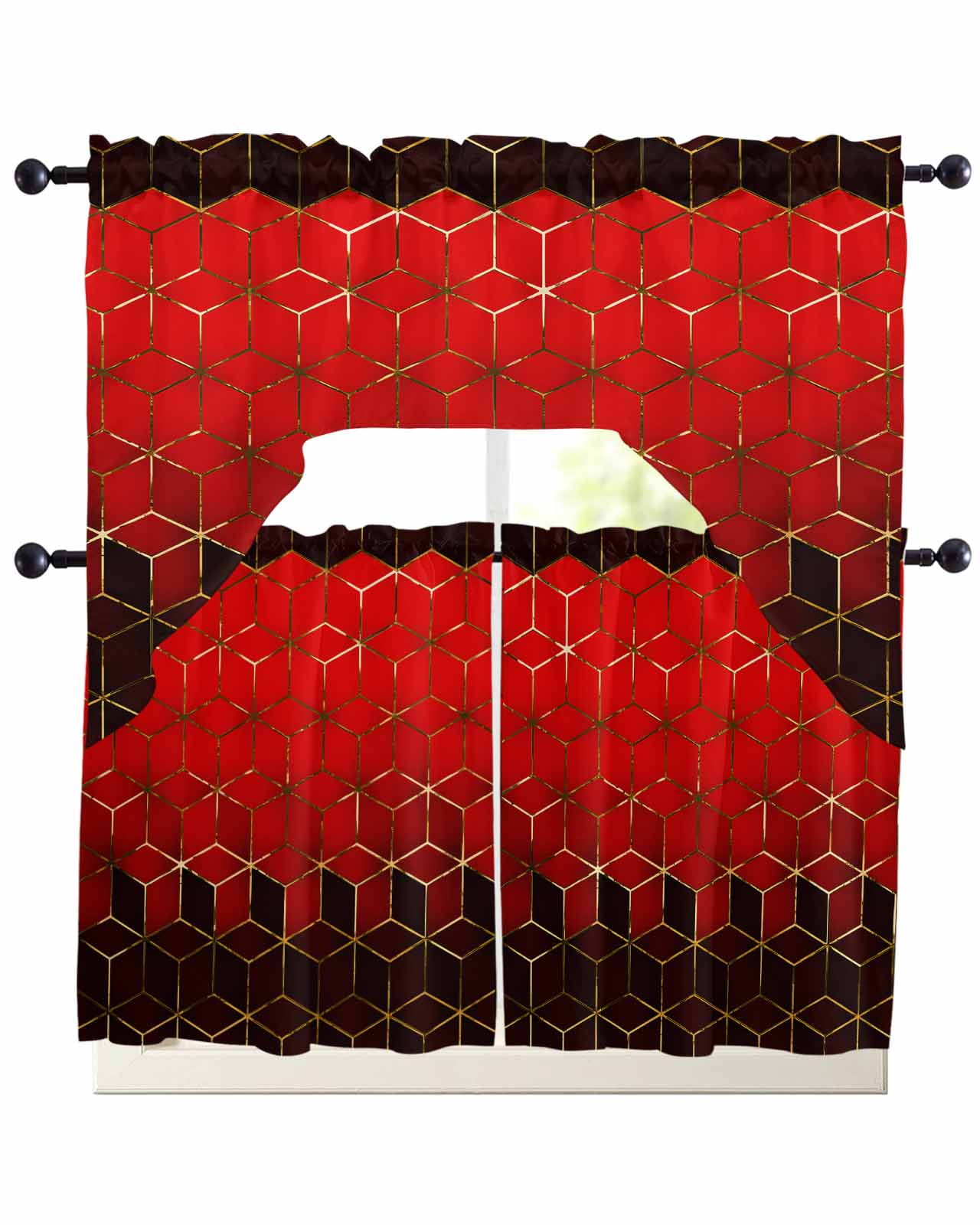 Red Geometric Kitchen Curtains Sets 24 Inch Length with Valance ...