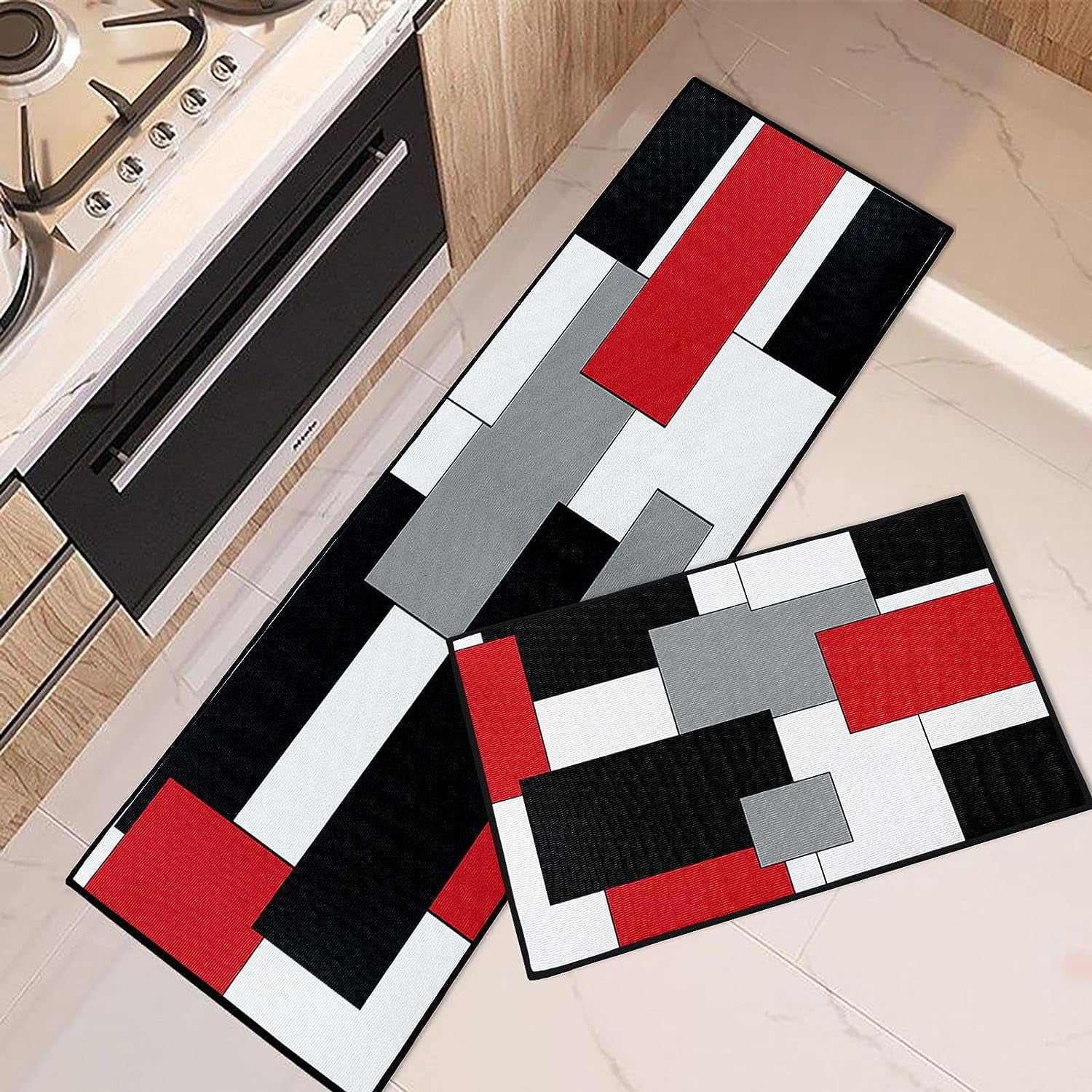 Red Geometric Kitchen Rugs and Mats Non Skid Washable Set of 2, Checked ...