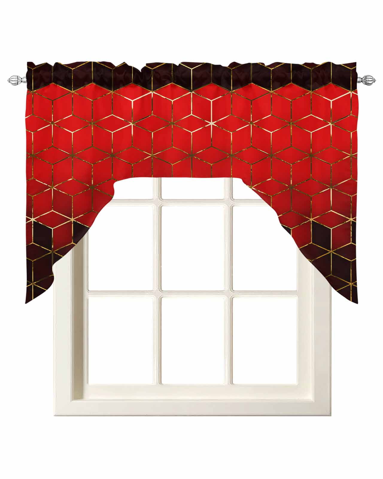 Red Geometric Kitchen Swag Valances for Windows, Gradient Black Gold ...