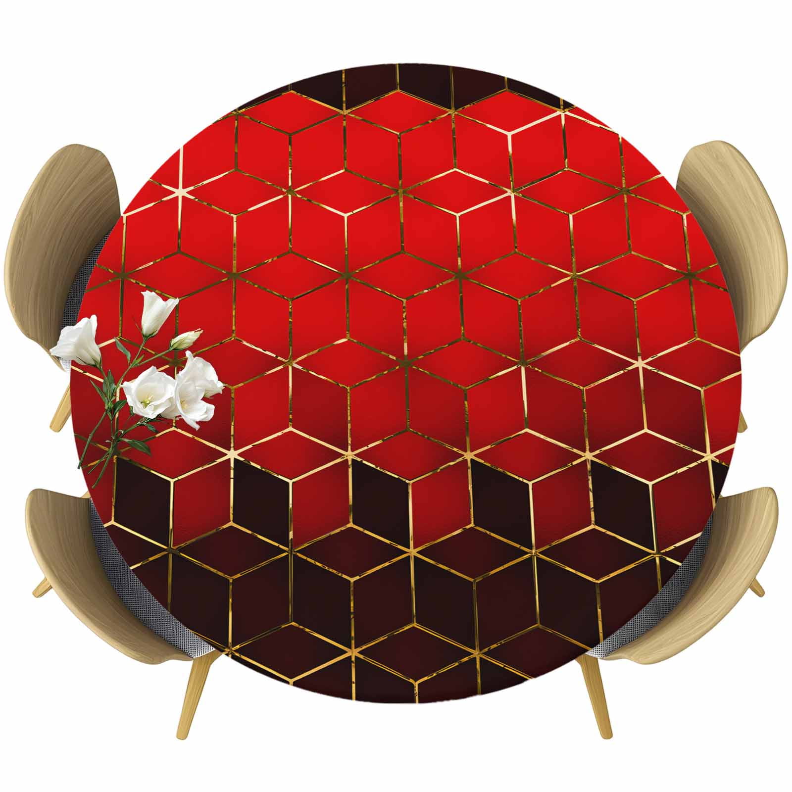 Red Geometric Round Tablecloth 36-44 Inch Round Fitted Table Cloth with ...