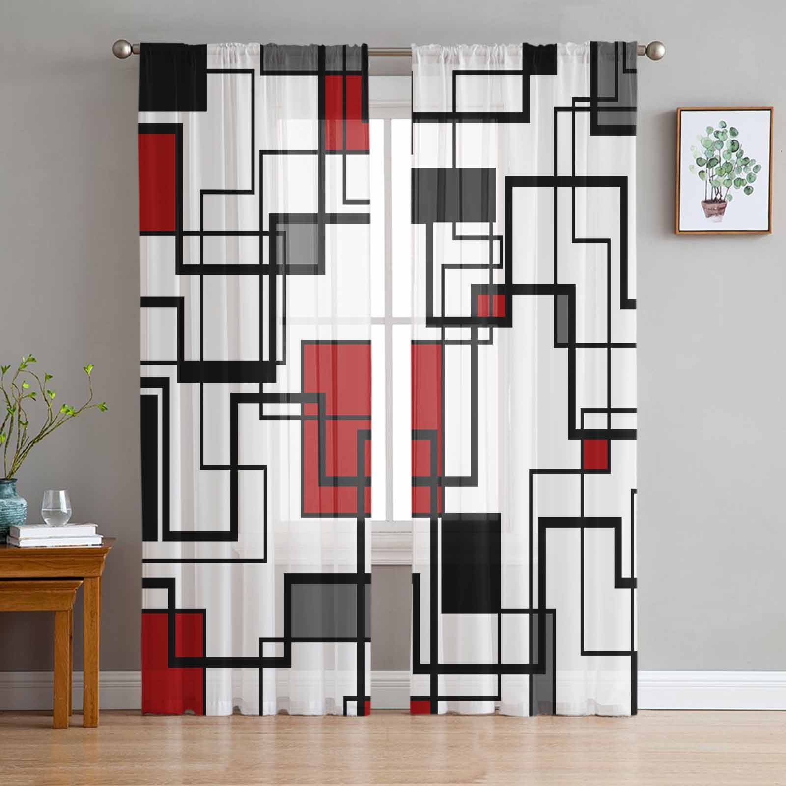 Red Geometric Sheer Curtains 96 Inch Length 2 Panels Set for Living ...