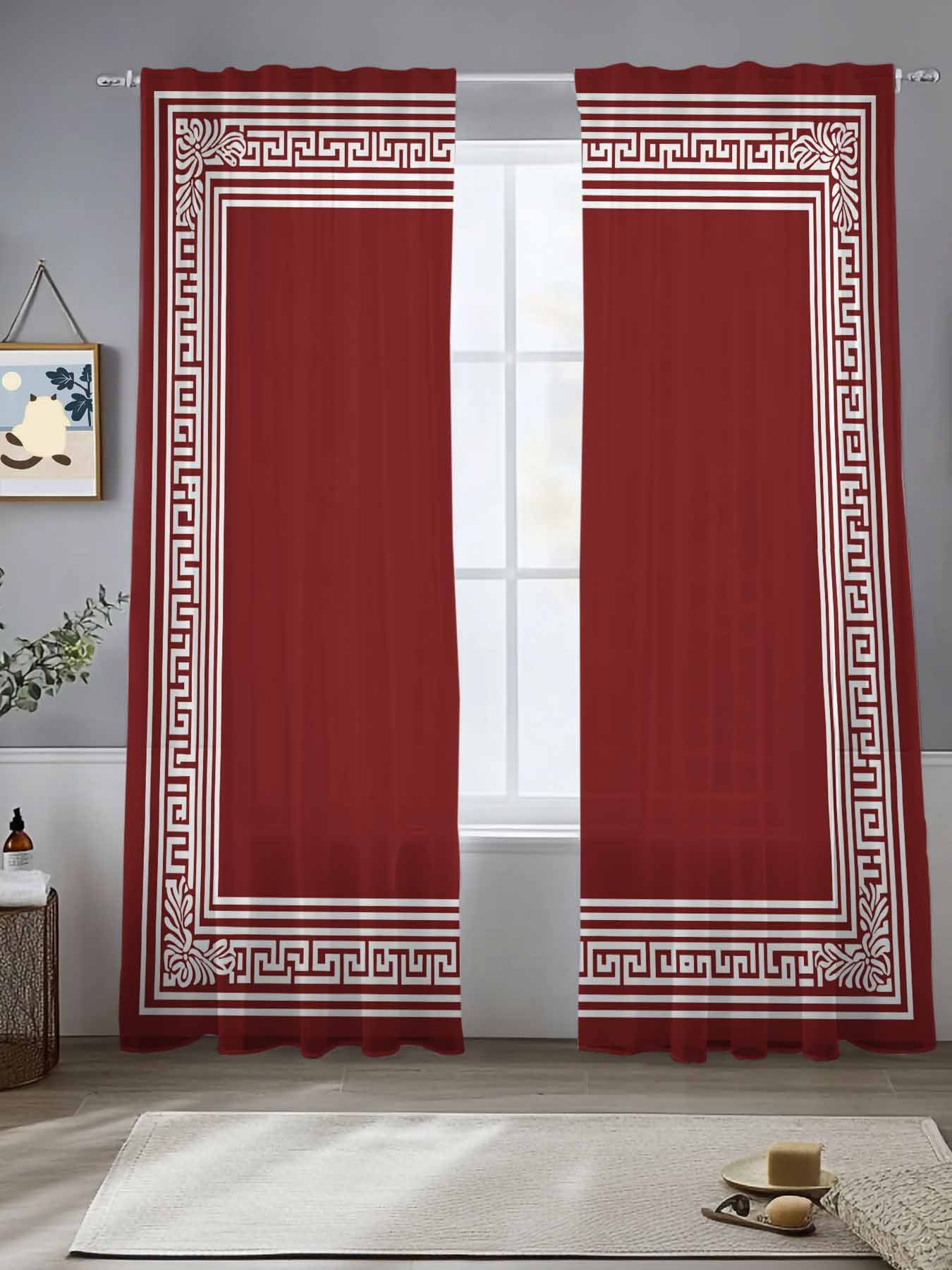 Red Geometric Sheer Curtains for Living Room Bedroom Country Farm ...