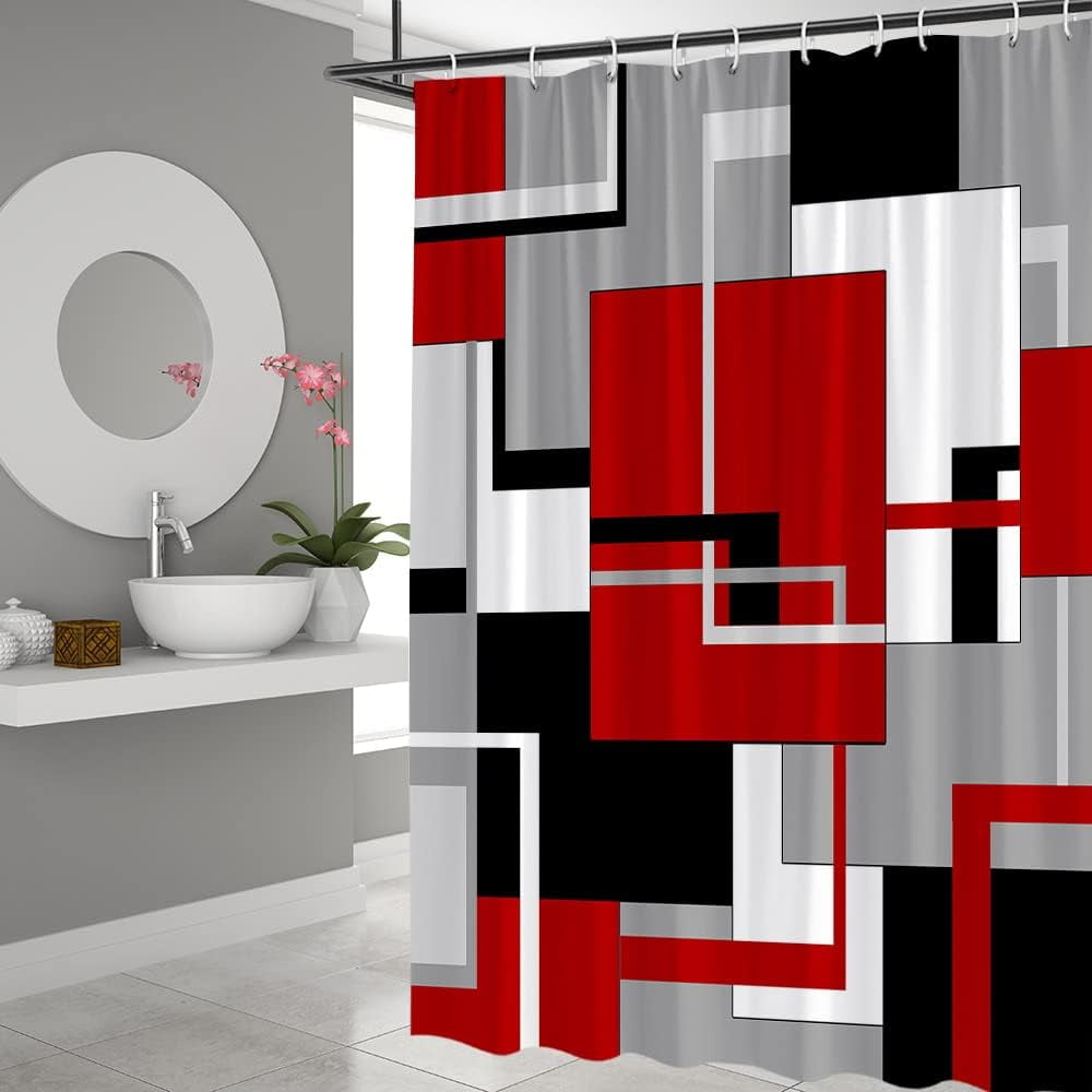 Red Geometric Shower Curtain Black White And Gray Abstract Minimalist