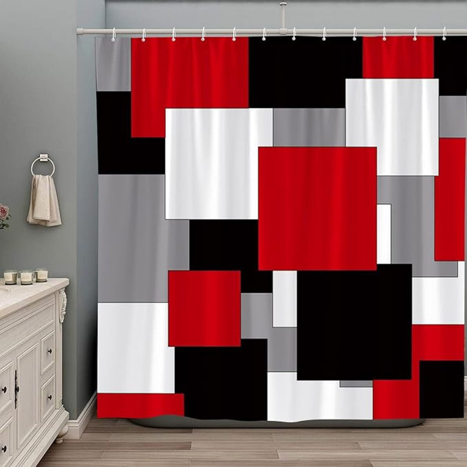 Red Geometric Shower Curtain Black White And Grey Abstract Minimalist ...
