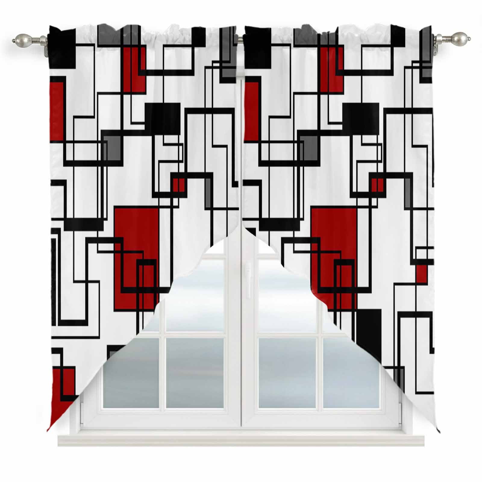Red Geometric Swag Curtains Modern Black Gray Abstract Striped Art Swag ...