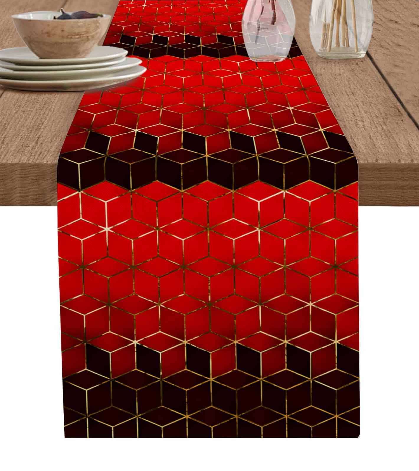 Red Geometric Table Runner 70 Inches, Gradient Black Gold Mottled Comb ...