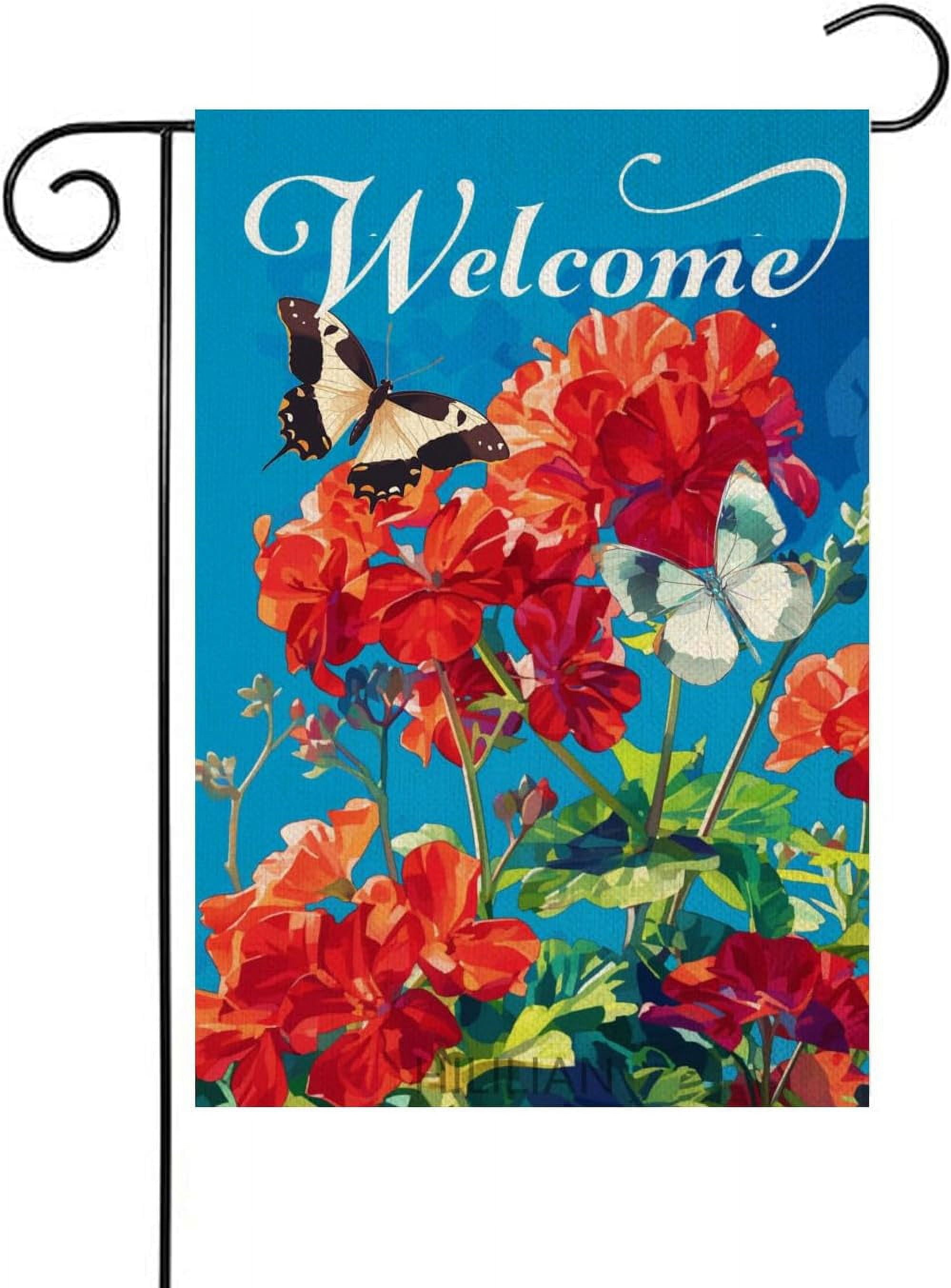 Red Geranium welcome Garden Flag Double Sided, House Yard Outdoor Decor ...