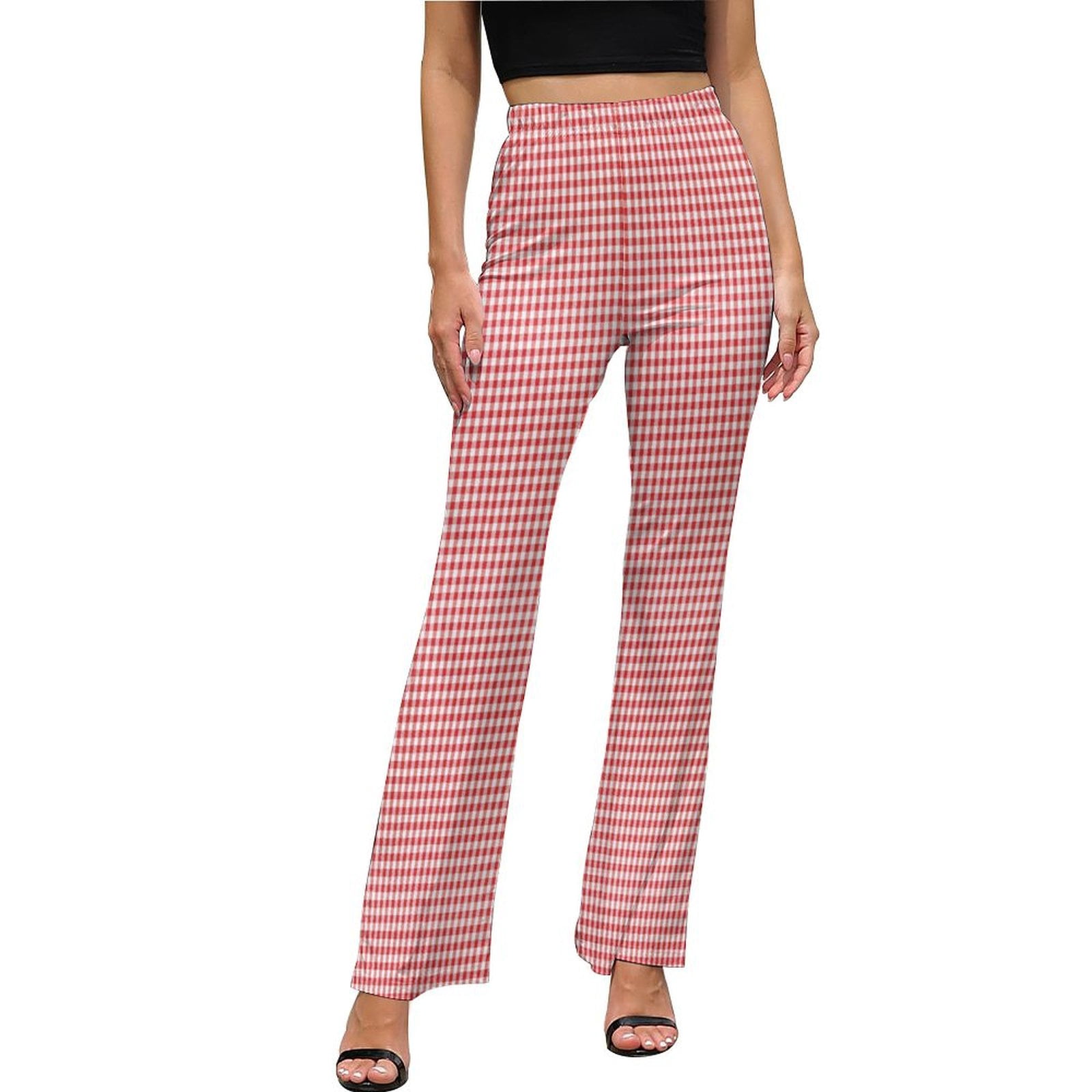 Red Gingham Check High Waisted Casual Flared Trousers Summer Home Pants ...