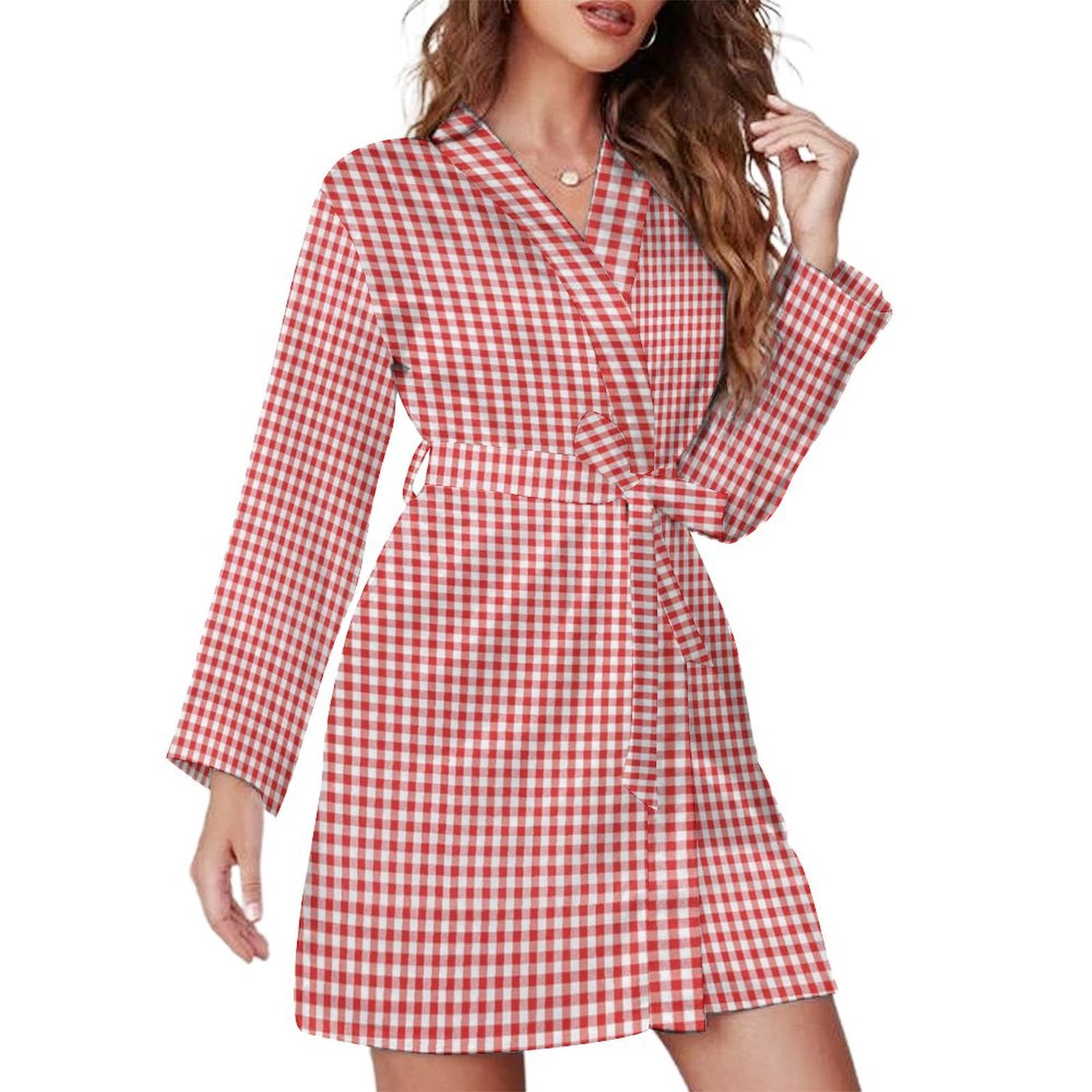 Red Gingham Check Night Robe Long Sleeve V Neck Robe With Belt Women's ...