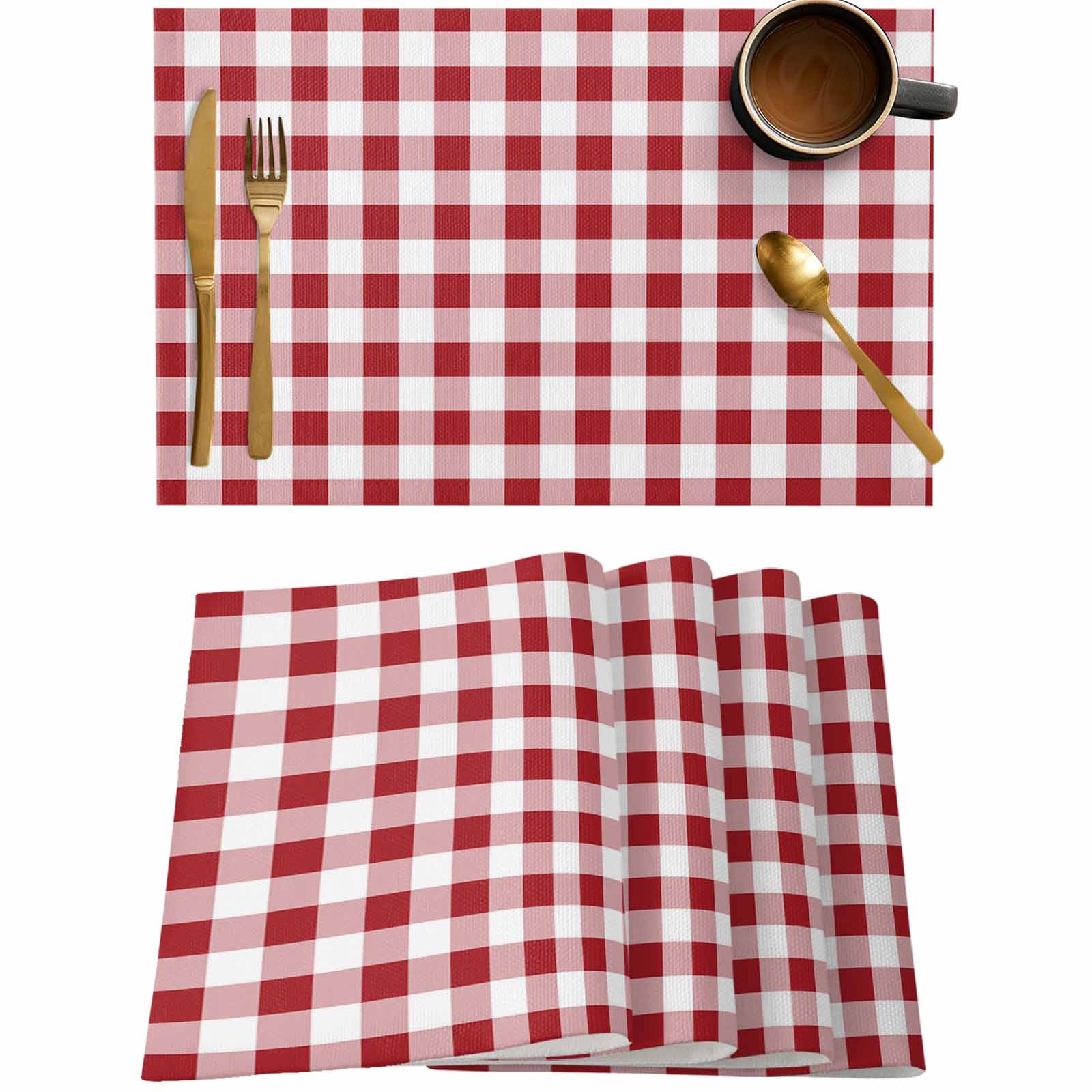 Red Gingham Check Placemats Set of 4,Wipeable Washable Table Mats for ...