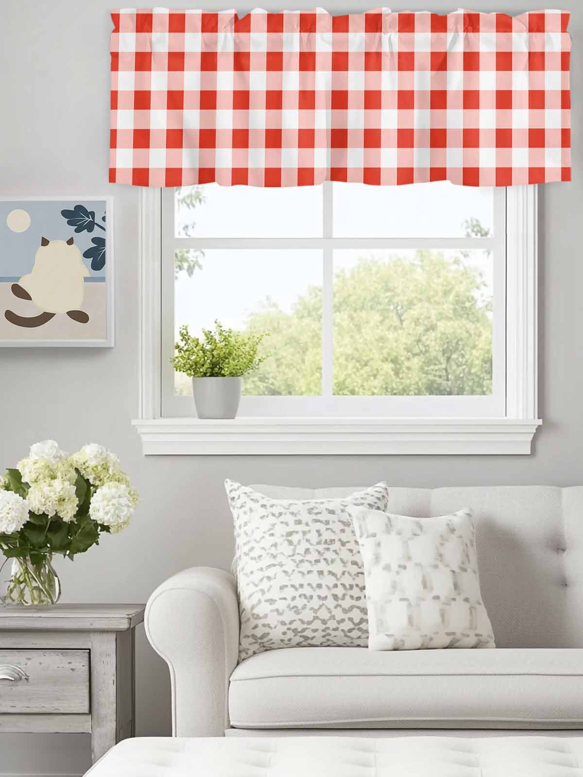 Red Gingham Check Valances for Windows,Kitchen Valance Rod Pocket Short ...