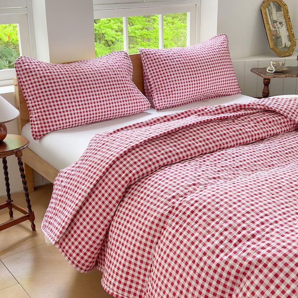 Red Gingham Queen Quilt Set, Soft Pre-Washed Microfiber Plaid Queen ...
