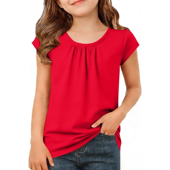 Red Girls T-Shirt | Kids Pleated Neck Cap Sleeve Top | Soft Stretch ...