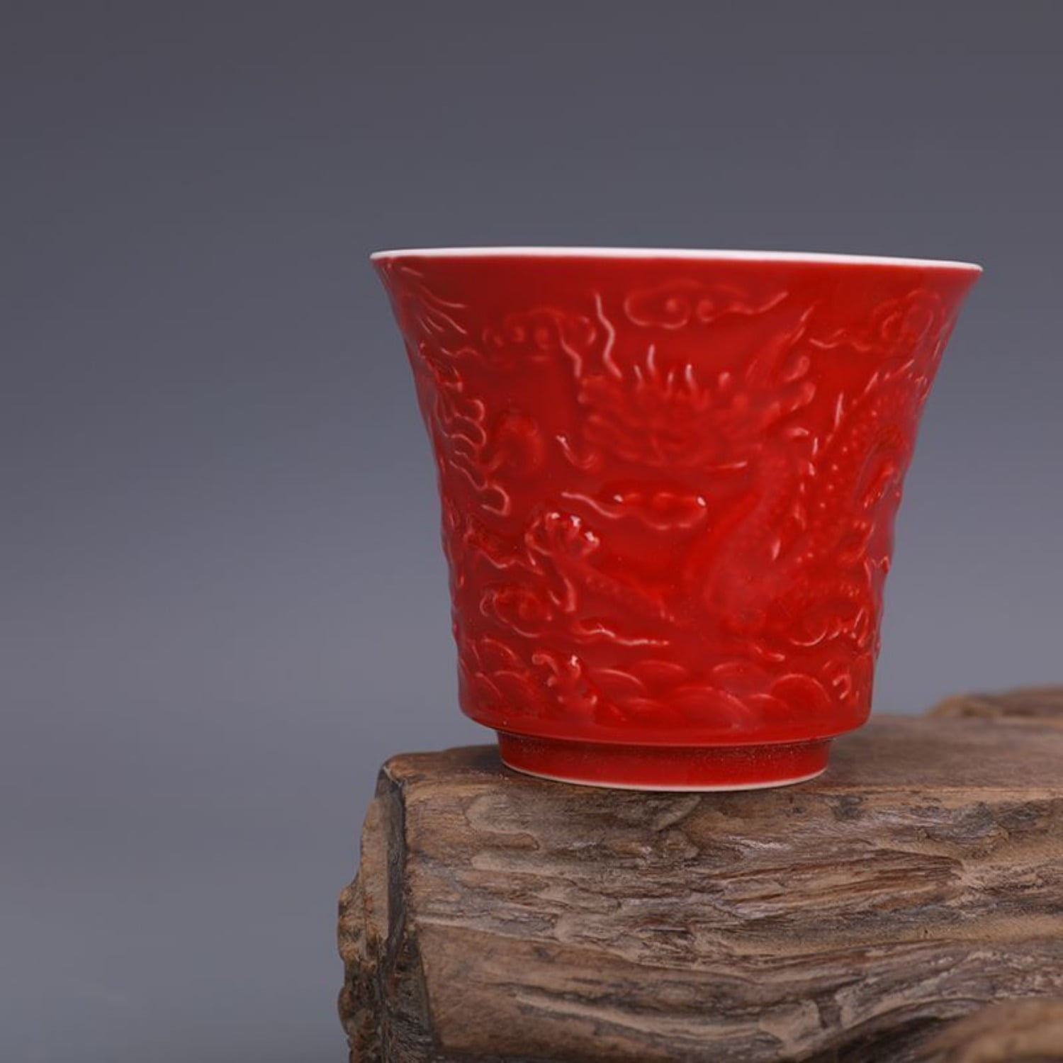 Red Glaze Dragon Carved Tea Cup Replica Shanghai Museum Mark Vintage ...