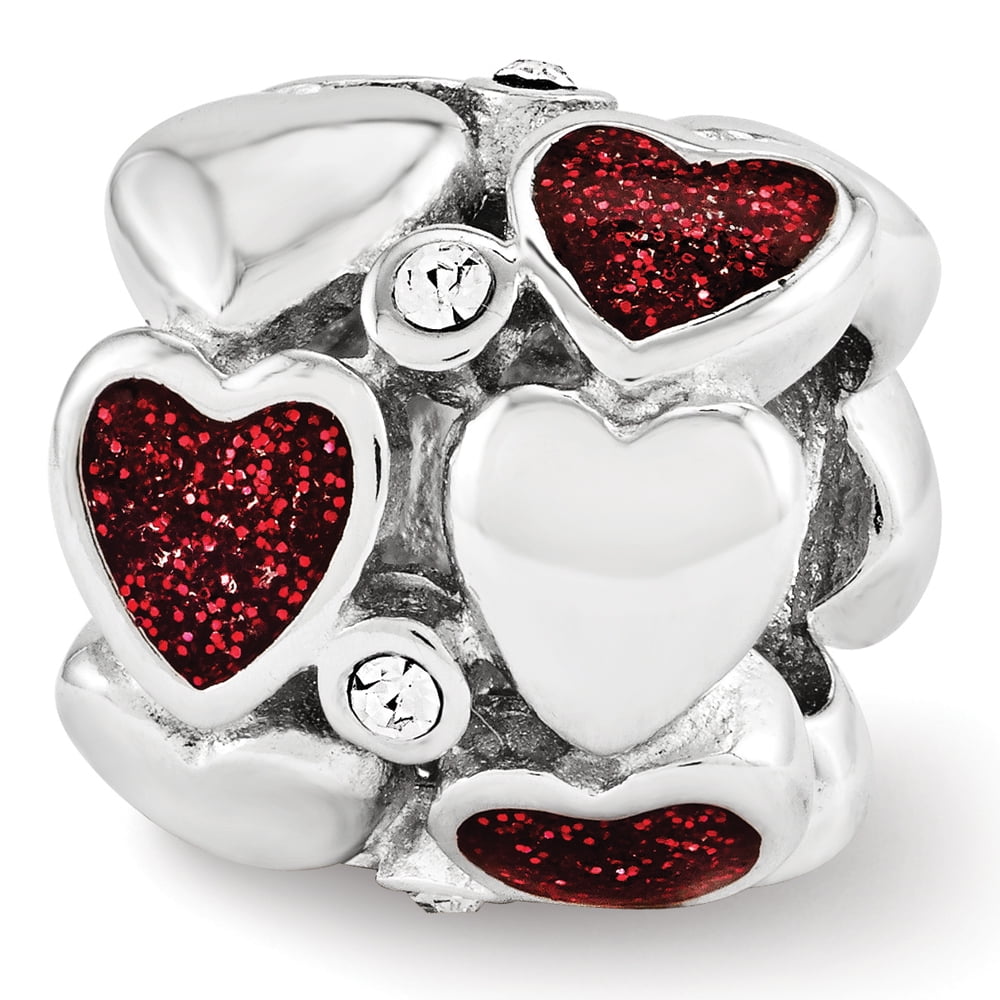 Red Glitter Enamel Crystal Double Row Heart Charm in Sterling Silver ...