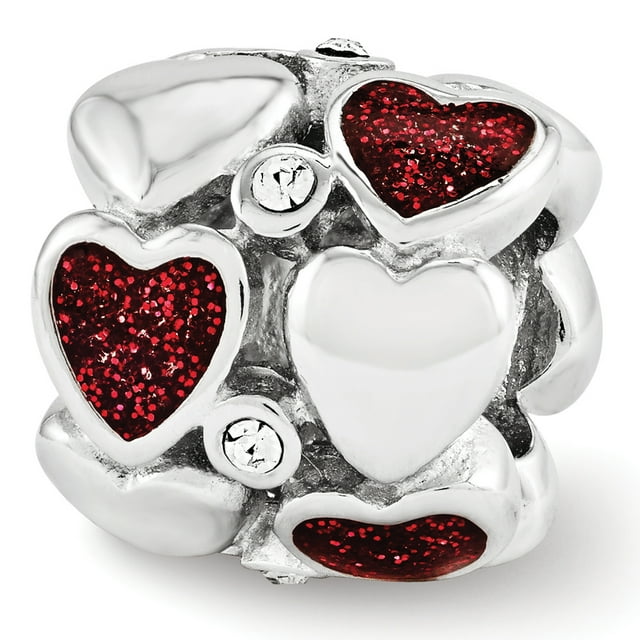 Red Glitter Enamel Crystal Double Row Heart Charm in Sterling Silver ...
