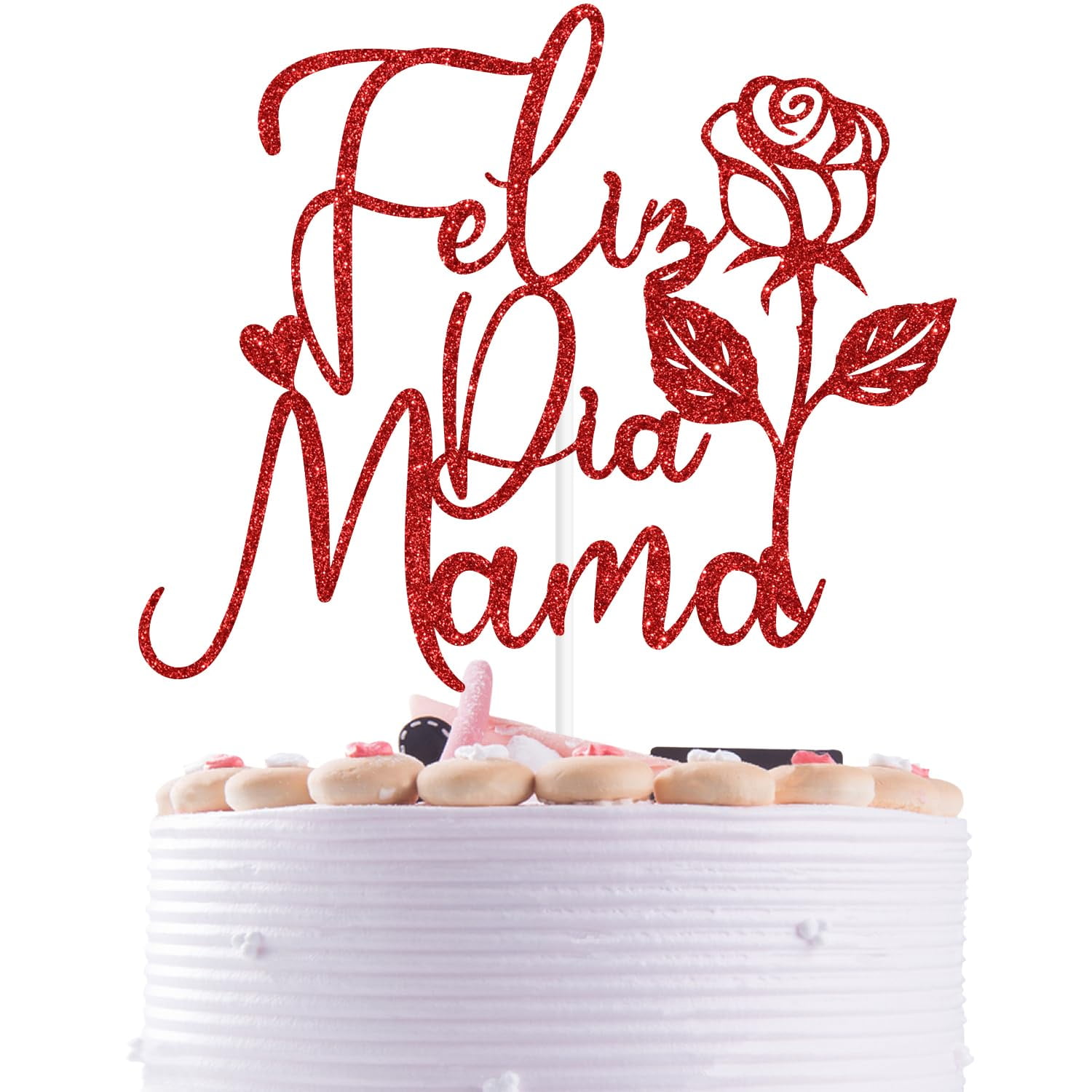 Red Glitter Feliz Dia Mama Cake RST1 Topper, Rose Flower Themed Mother ...