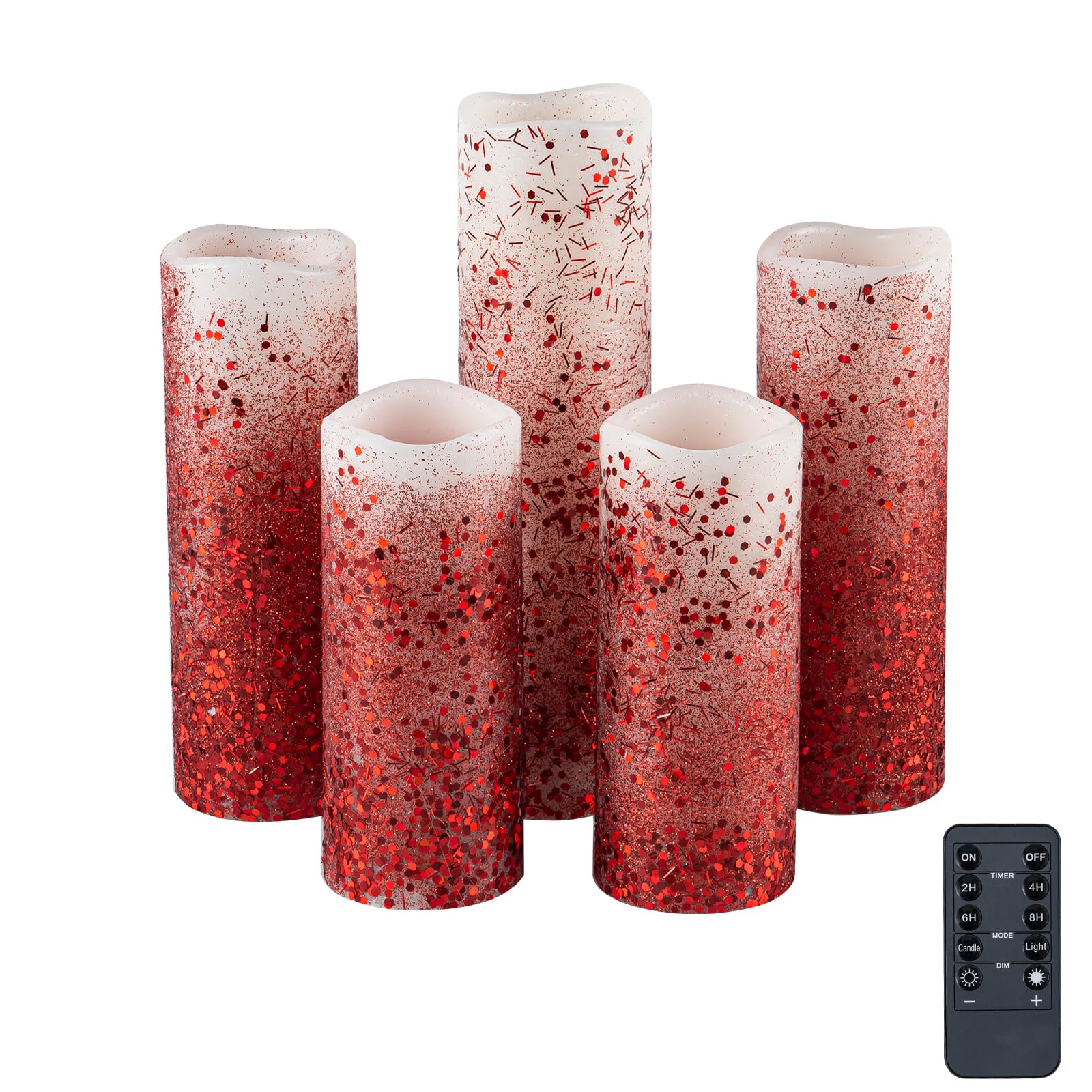 Red Glitter Flameless Candle - Set of 5 with Remote Timer LED Candles ...