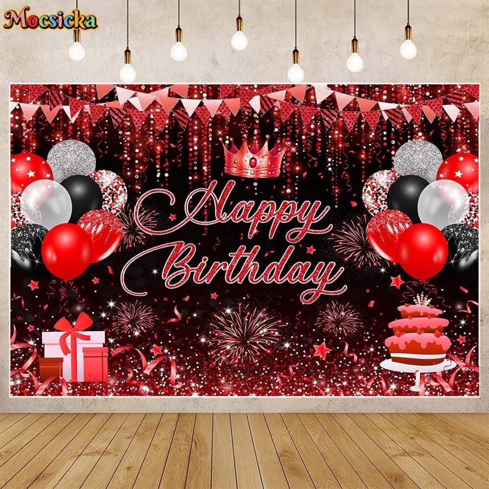 Red Glitter Kids Birthday Backdrop Balloon Tassel Crown Girl Birthday ...
