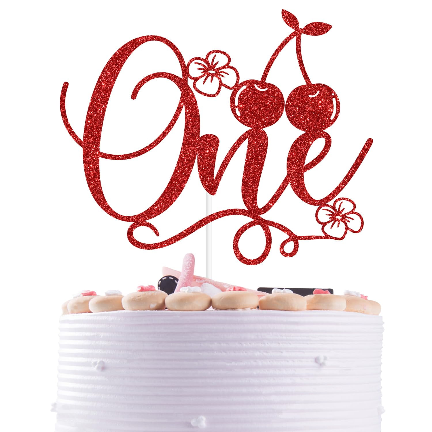 Red Glitter One TWE5 Cake Topper, Cherry 1st Birthday/Cheers to 1 Year ...