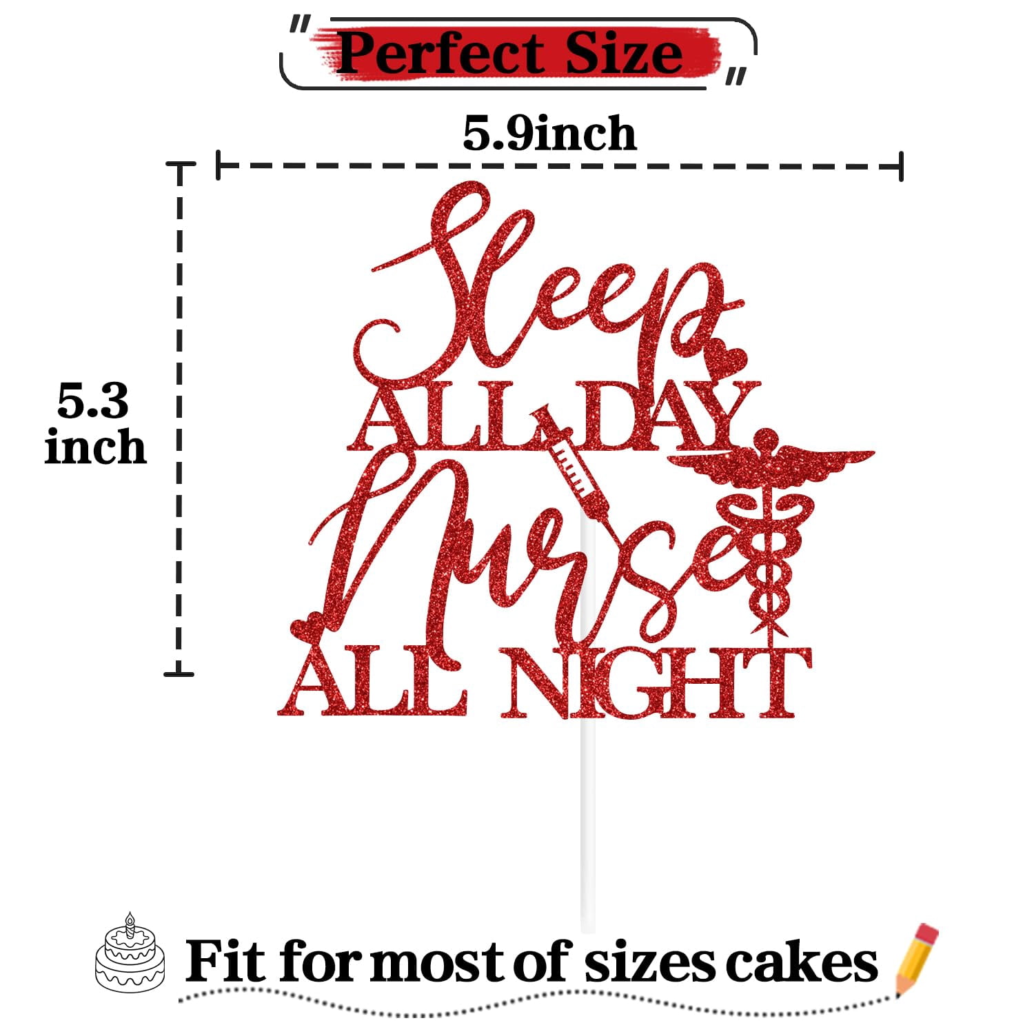 Red Glitter Sleep AJH3 All Day Nurse All Night Cake Topper, Happy Nurse ...