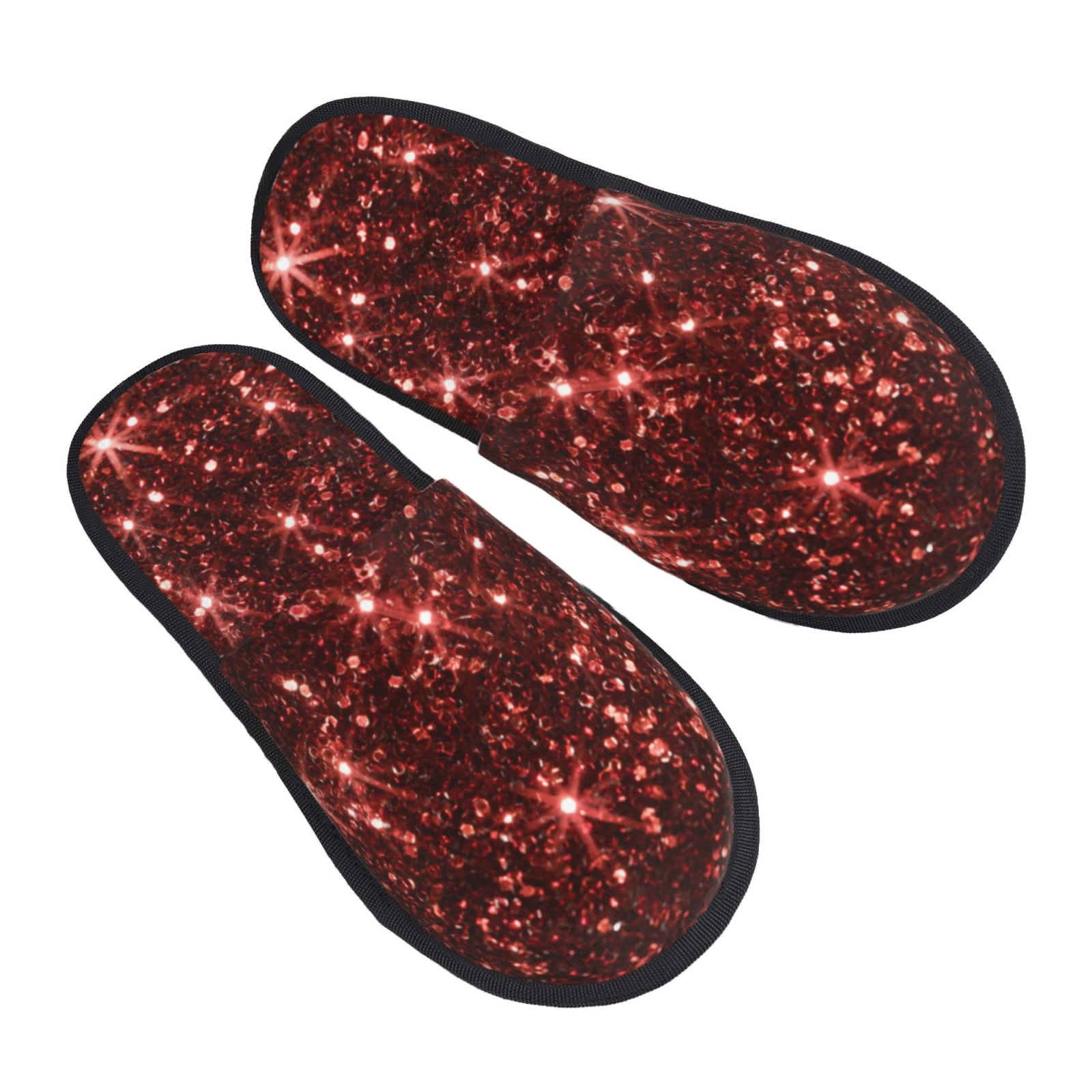 Red Glitter Texture House Slippers for Women Indoor, Fuzzy Warm Women's ...