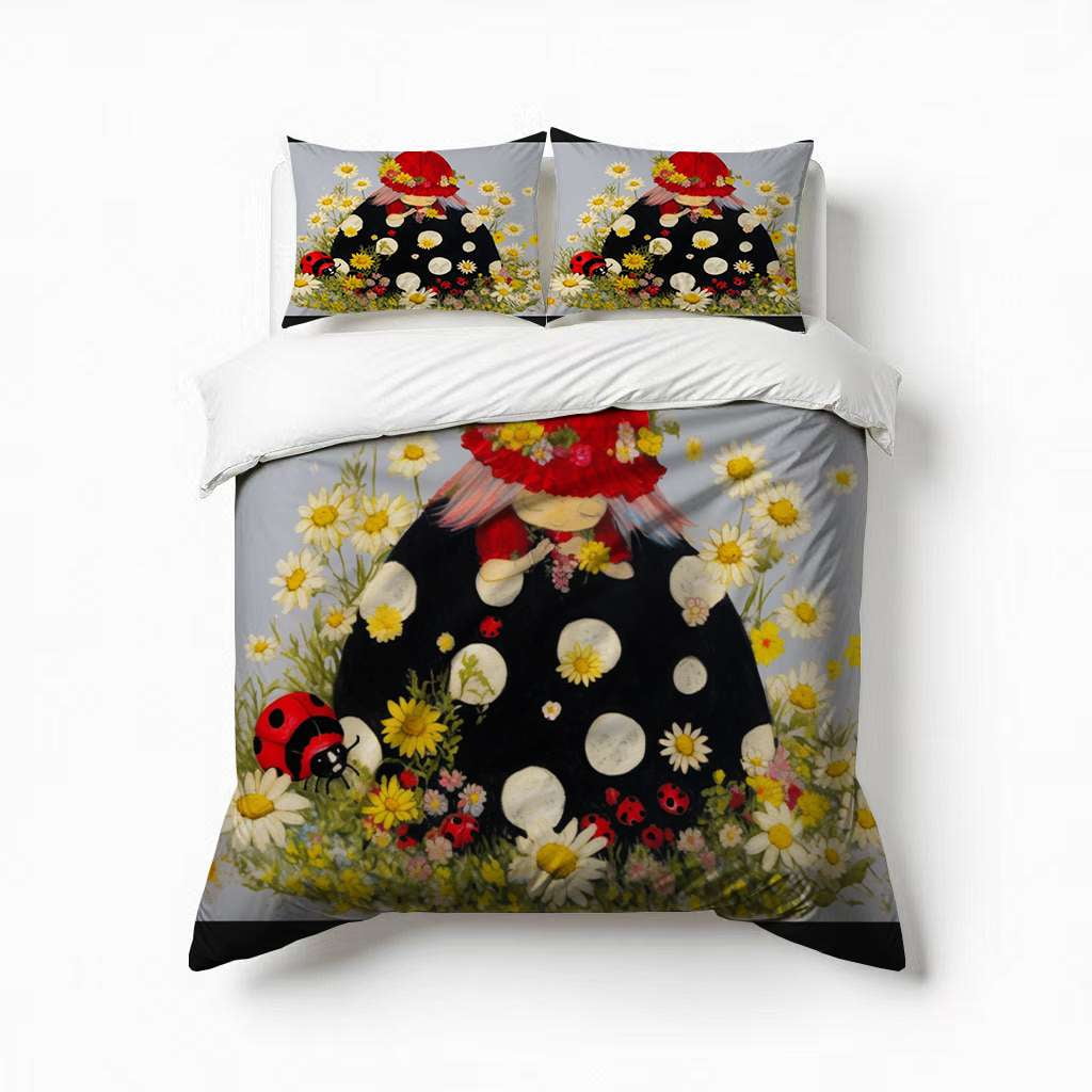 Red Gnome Hippie Flowers Ladybugs Bedding Set 3 Pcs Soft Microfiber ...