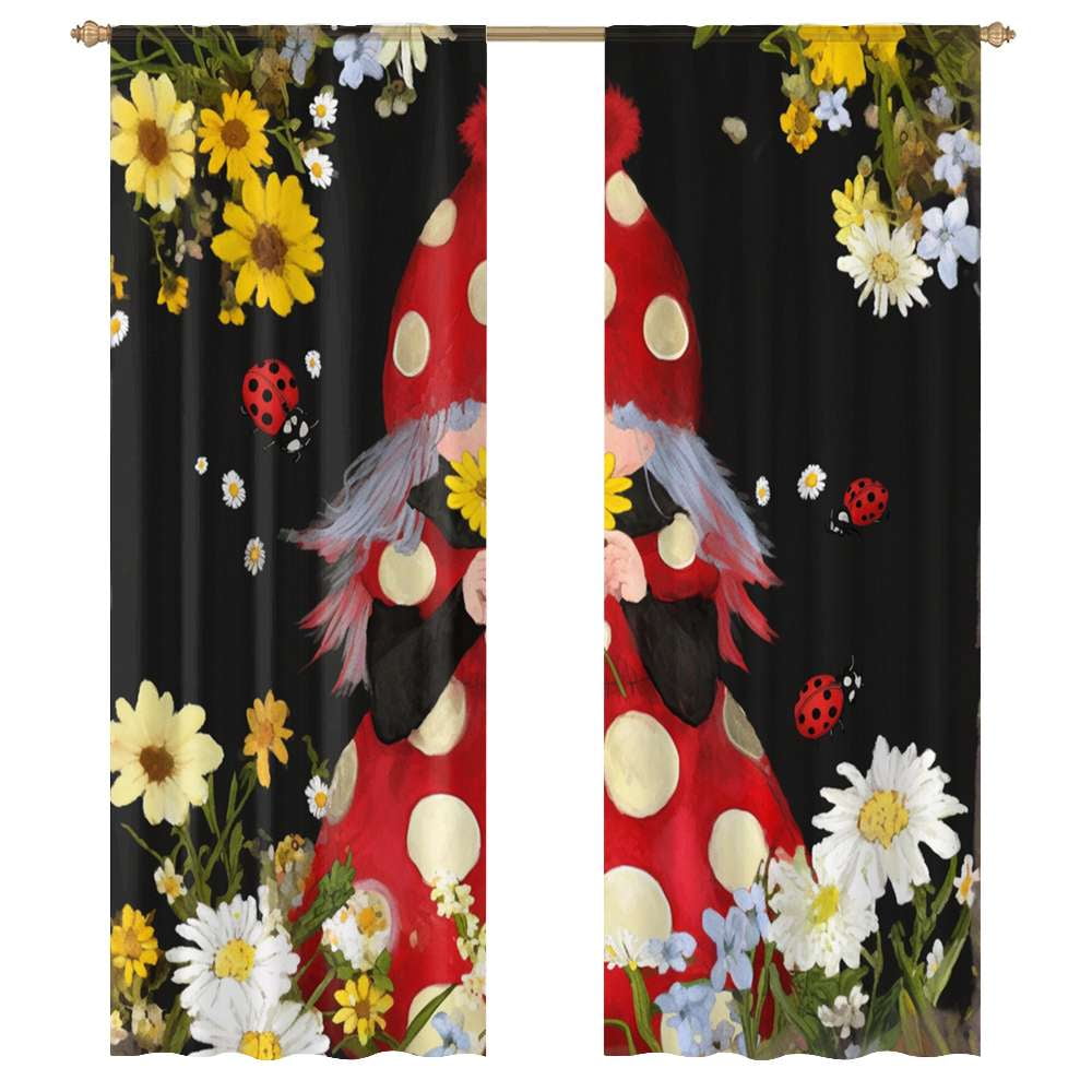 Red Gnome Hippie Flowers Ladybugs Modern Tulle Window Curtains for ...