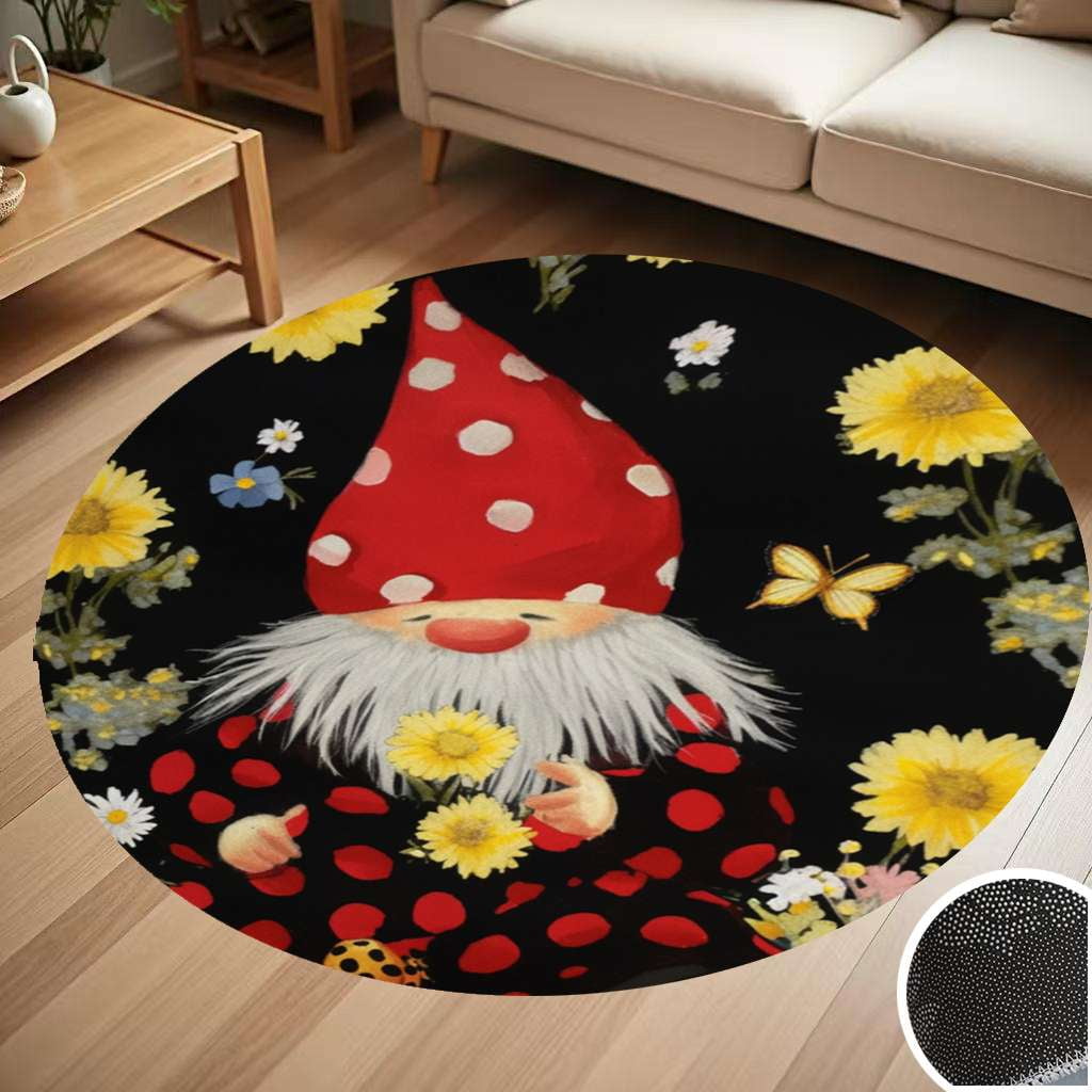 Red Gnome Hippie Flowers Ladybugs Round Carpet Living Room Bedroom Home ...