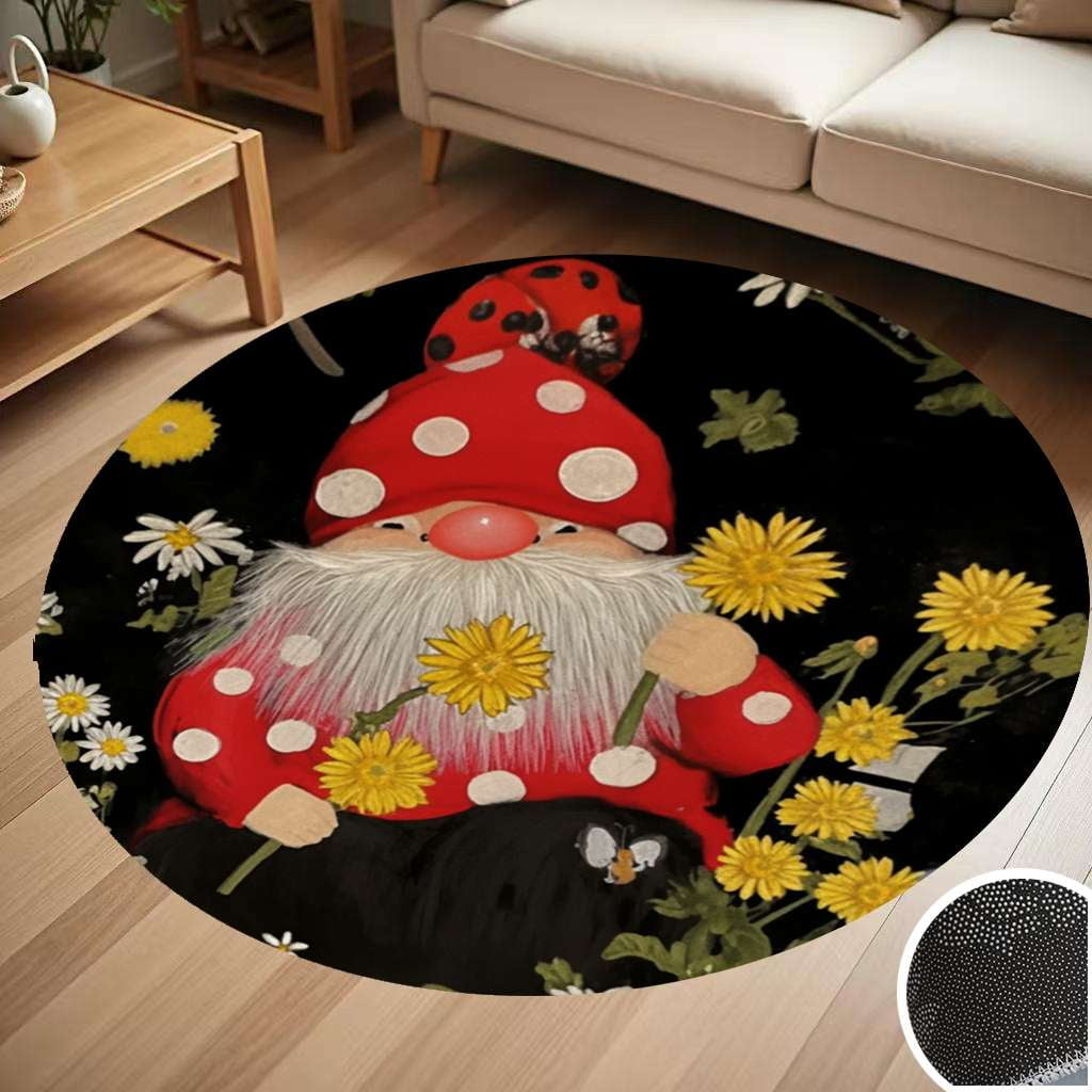 Red Gnome Hippie Flowers Ladybugs Round Carpet Living Room Bedroom Home ...