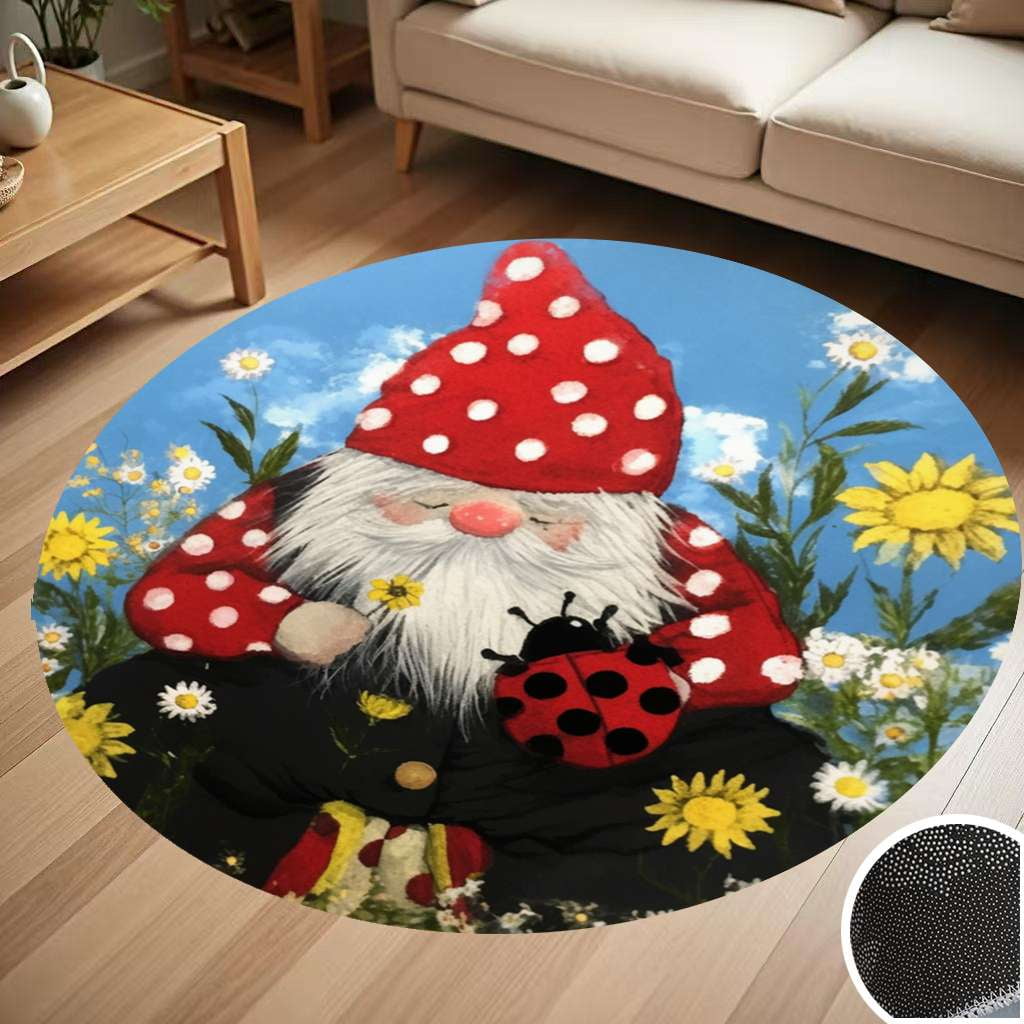Red Gnome Hippie Flowers Ladybugs Round Carpet Living Room Bedroom Home ...