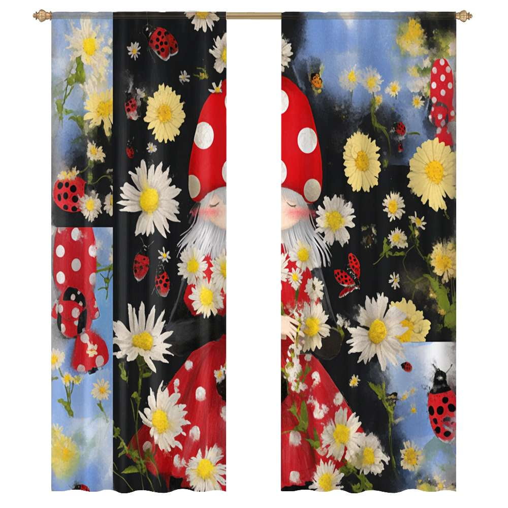 Red Gnome Hippie Flowers Ladybugs Sheer Window Curtains for Living Room ...
