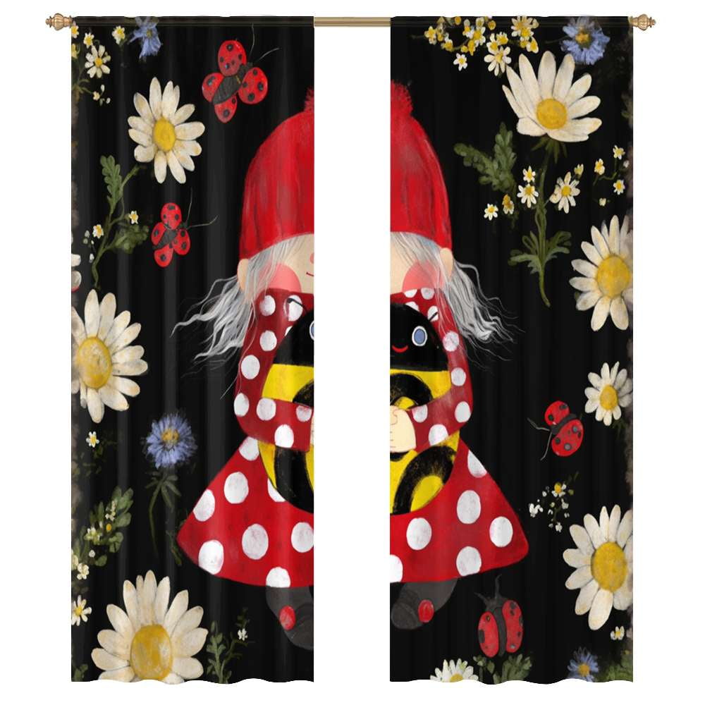 Red Gnome Hippie Flowers Ladybugs Tulle Curtains For Living Room ...